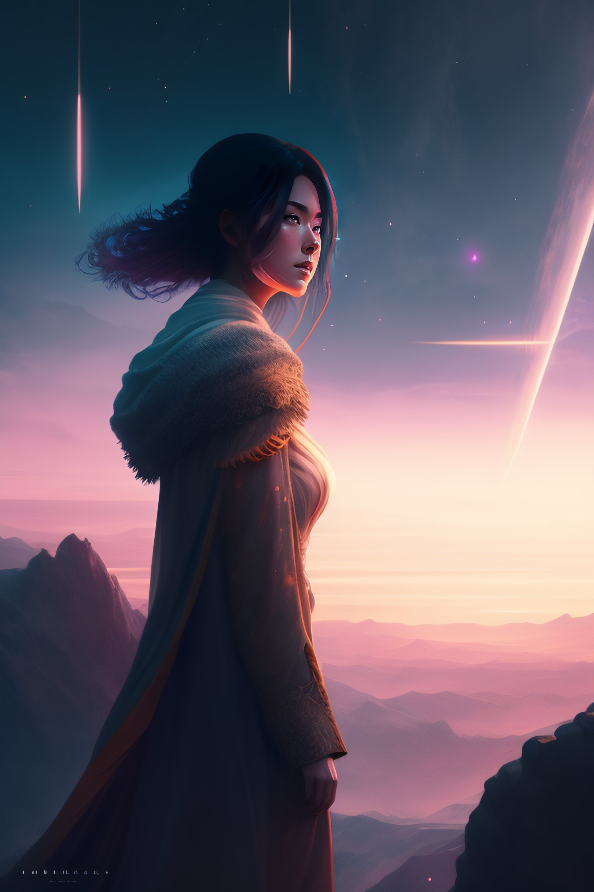 Lexica - Full body, from above, woman pointing at the night sky ...