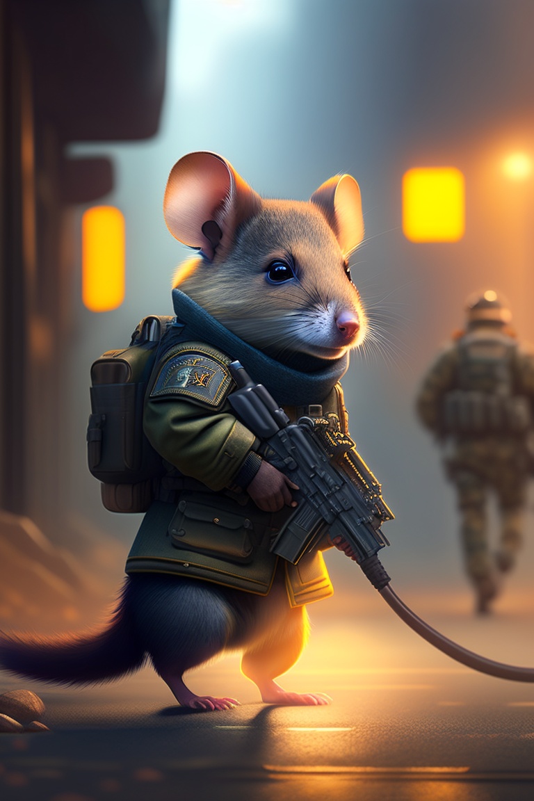 Lexica - A military rat with a machine gun walking with a baby by an ...