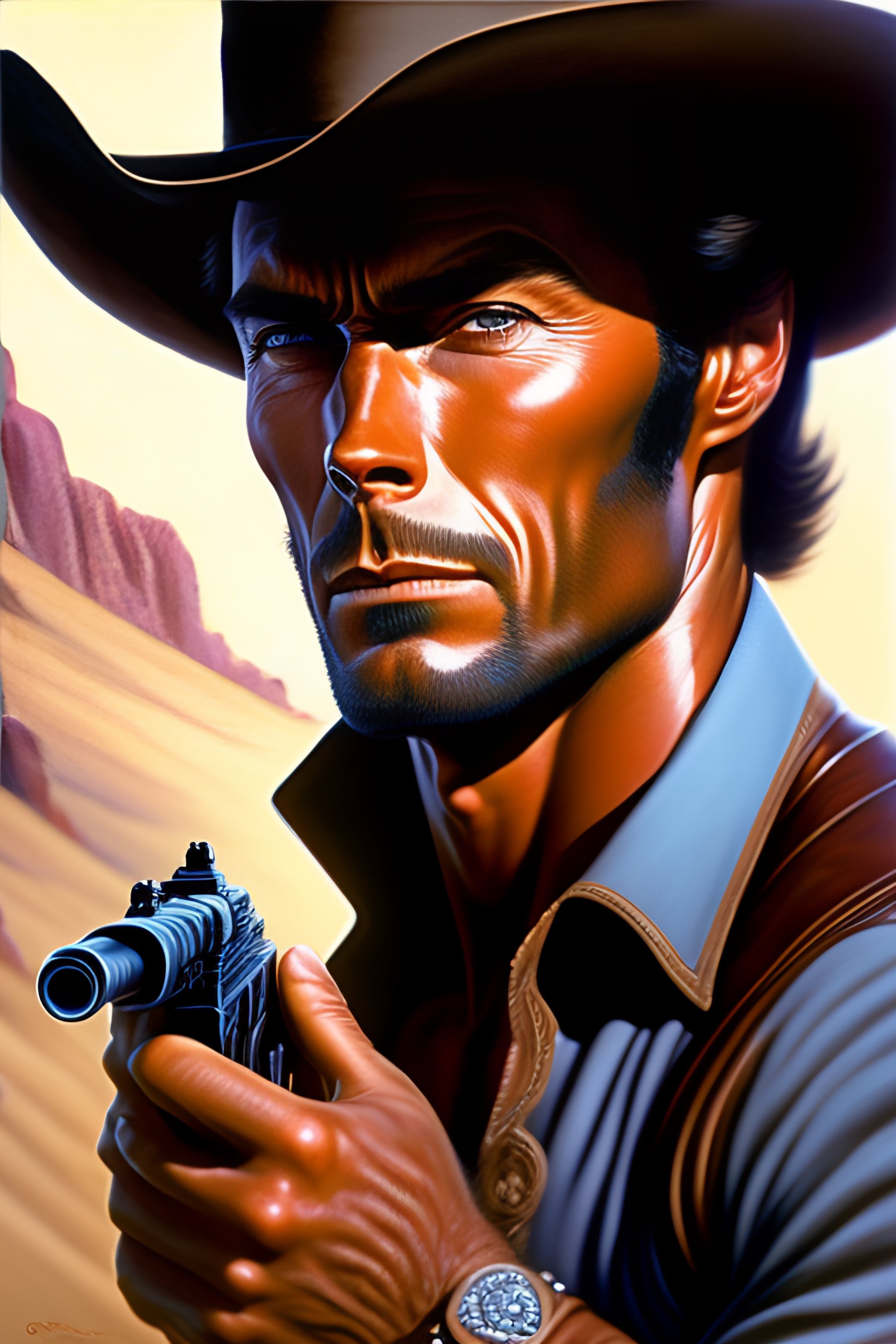 Lexica - Clint eastwood portrait shot of a rugged western cowboy firing a revolver, revolver at ...