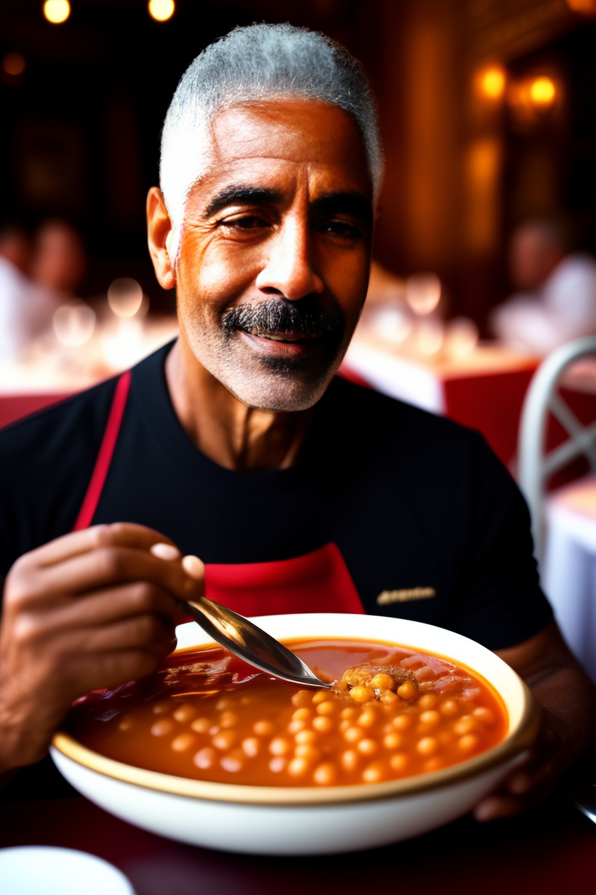 Lexica - A man from Cuba in an 5 star Italian restaurant eating Baked beans
