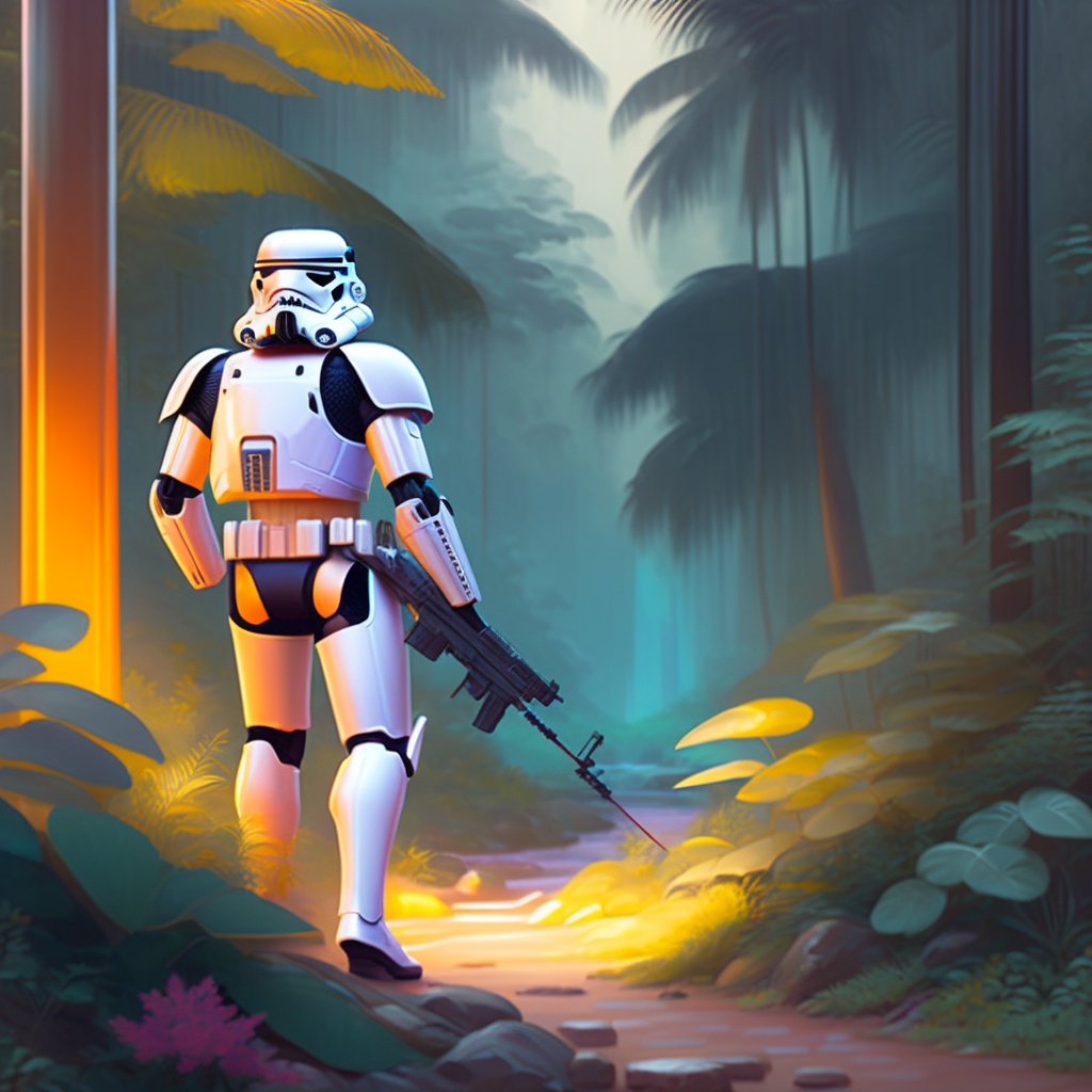 Lexica - "Stormtrooper in a Jungle" by Syd Mead, cold color palette, muted colors, detailed, 8k
