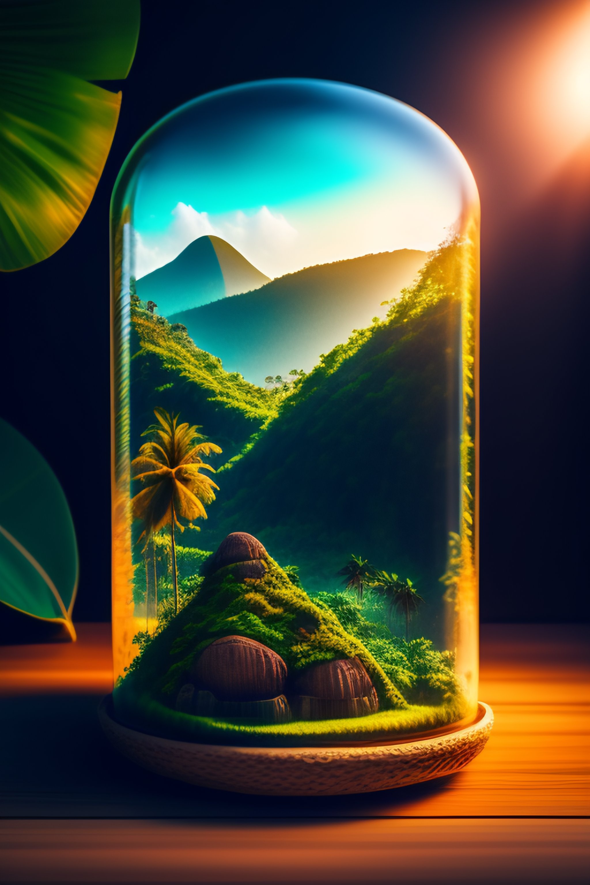 Lexica - Kerala nature scene inside a glass terrarium,coconut tree ...