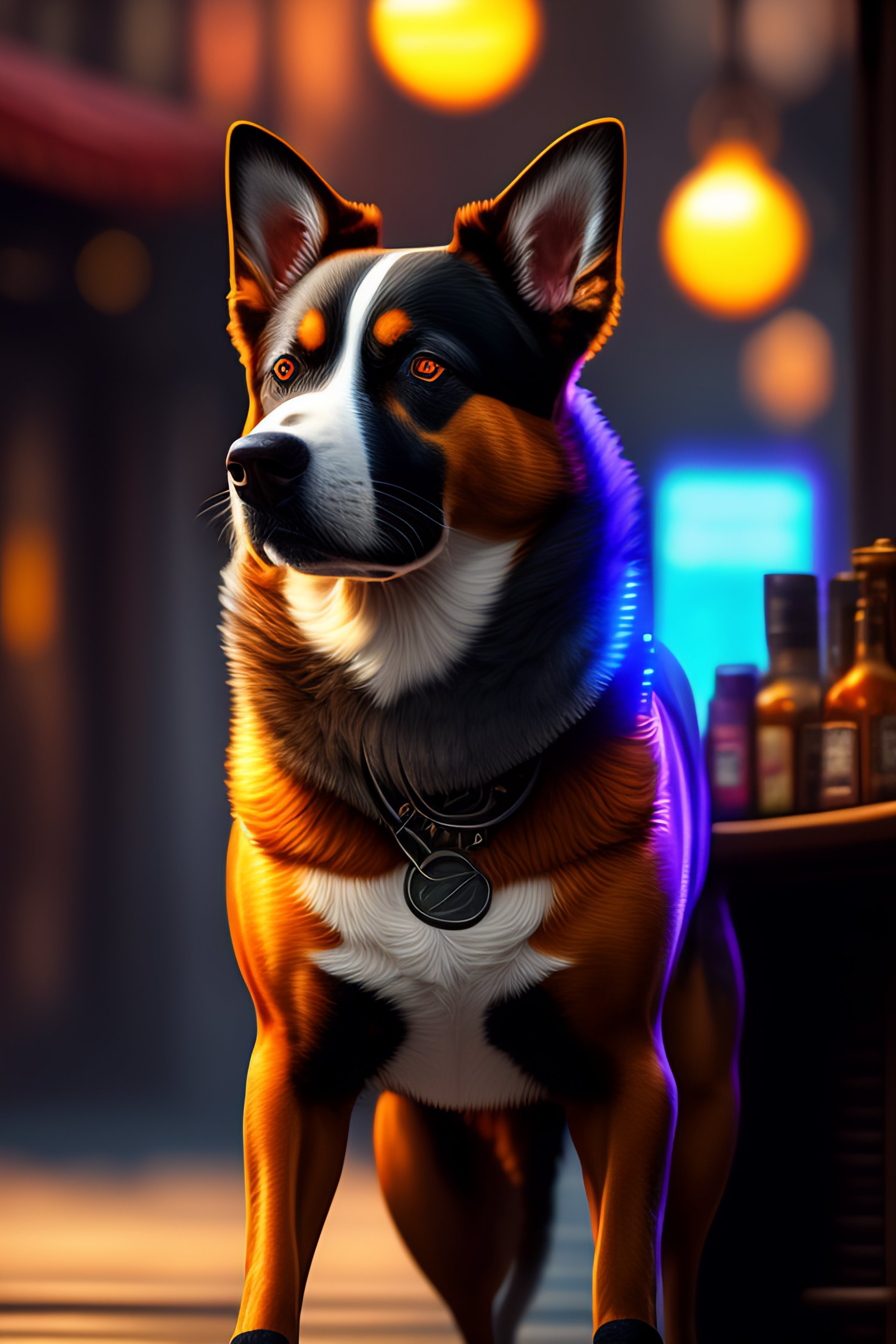 Lexica - Ronin dog entering a cyberpunk saloon