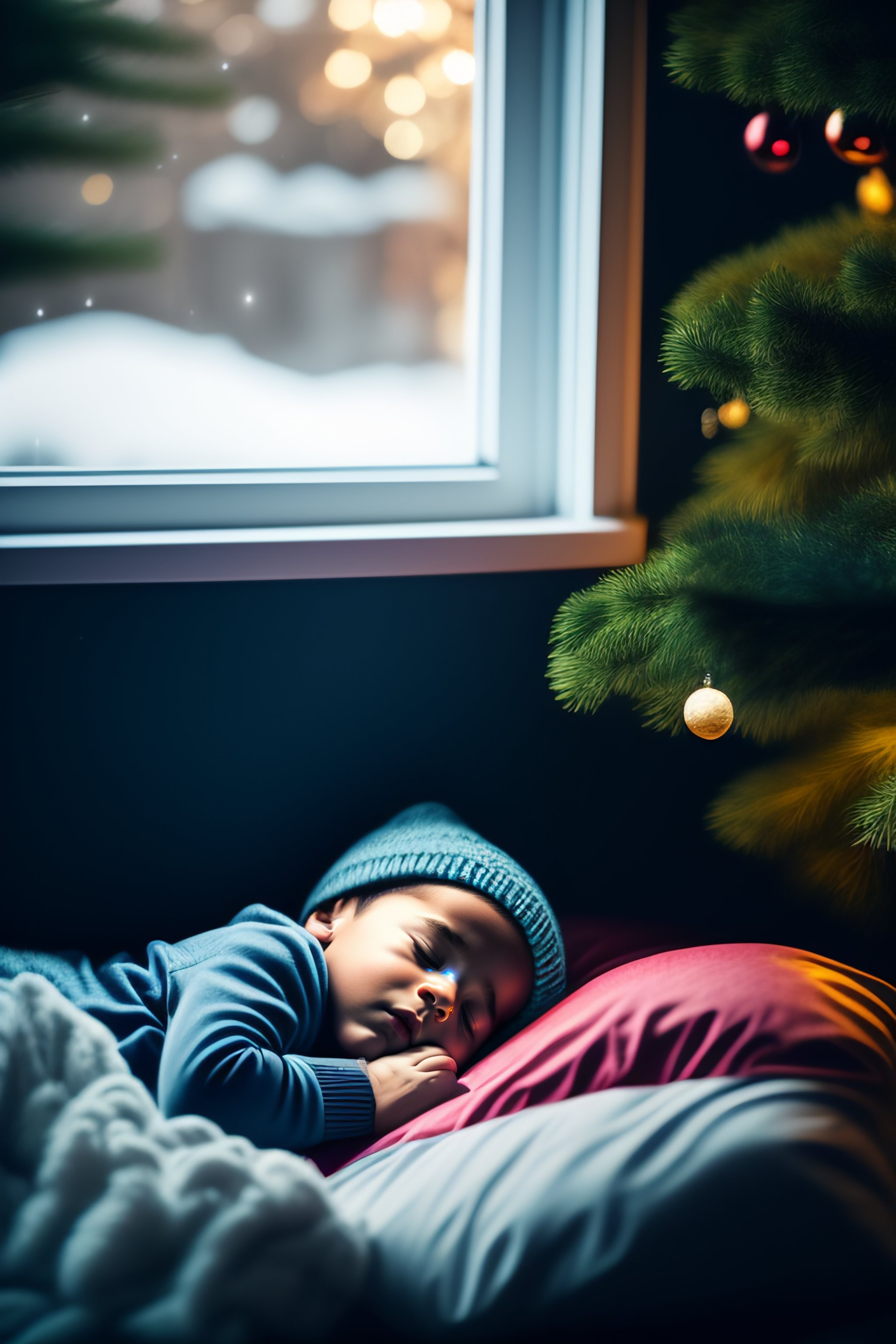 Lexica - Image of a boy sleeping in his bed next to a Christmas tree ...