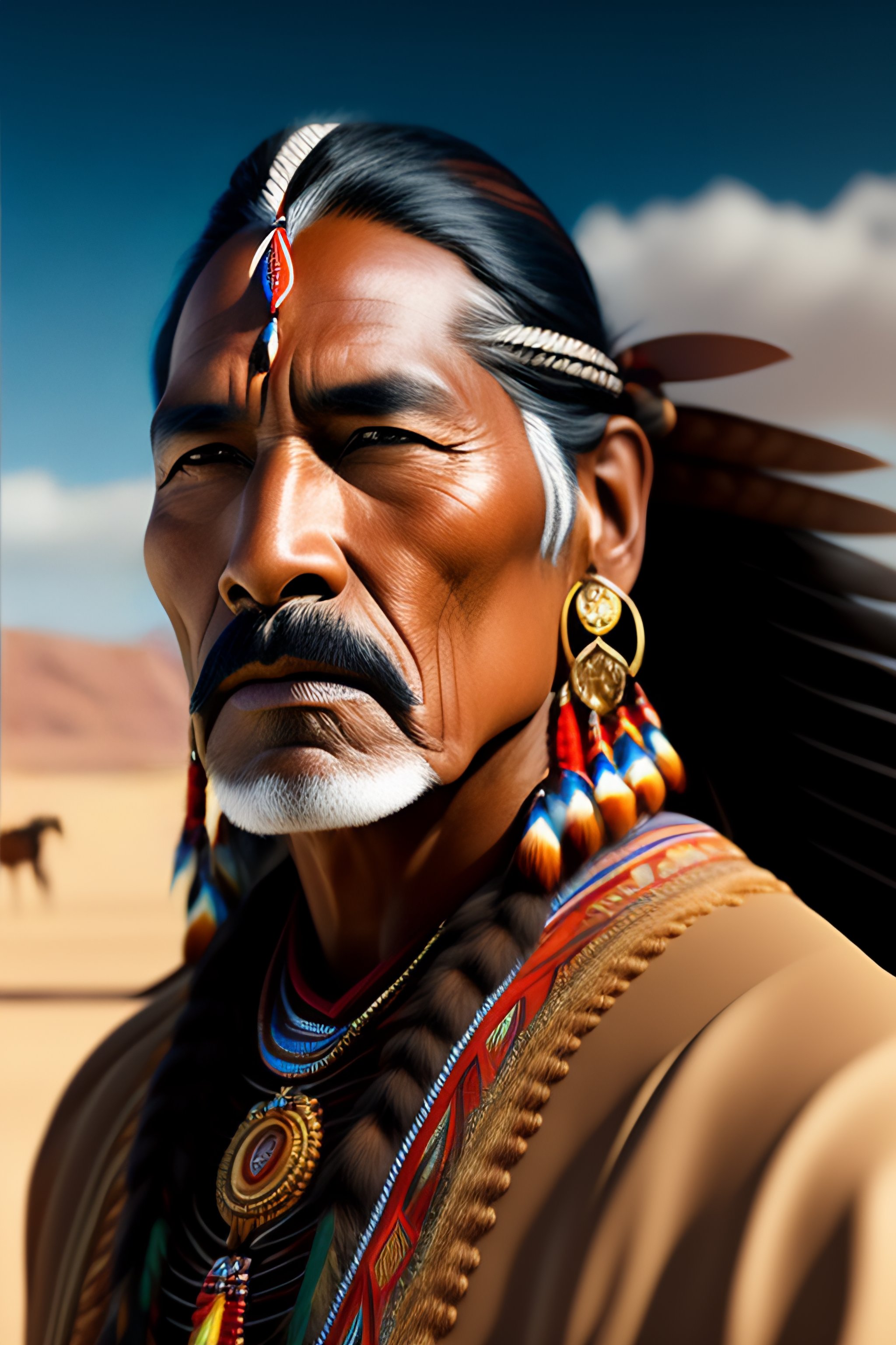 Lexica - Native american man portrait in 3d digital art with mustang ...
