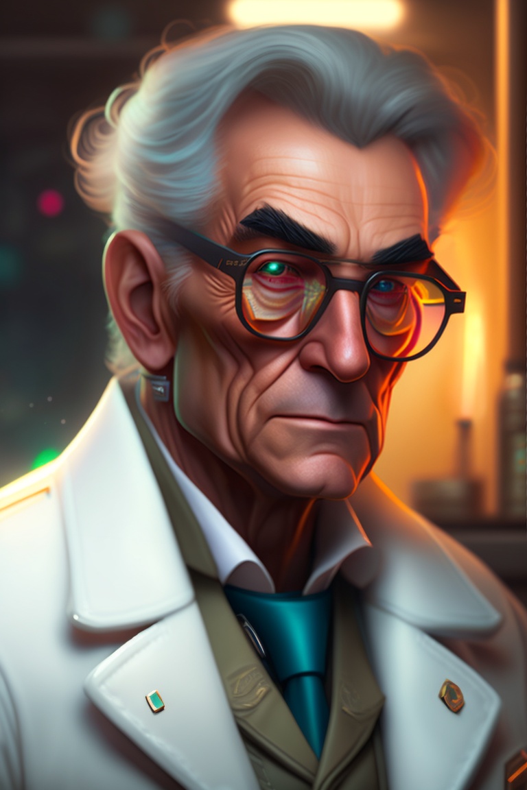 Lexica - Old mad scantiest in lab coat, wrinkly skin, glasses. in a lab ...