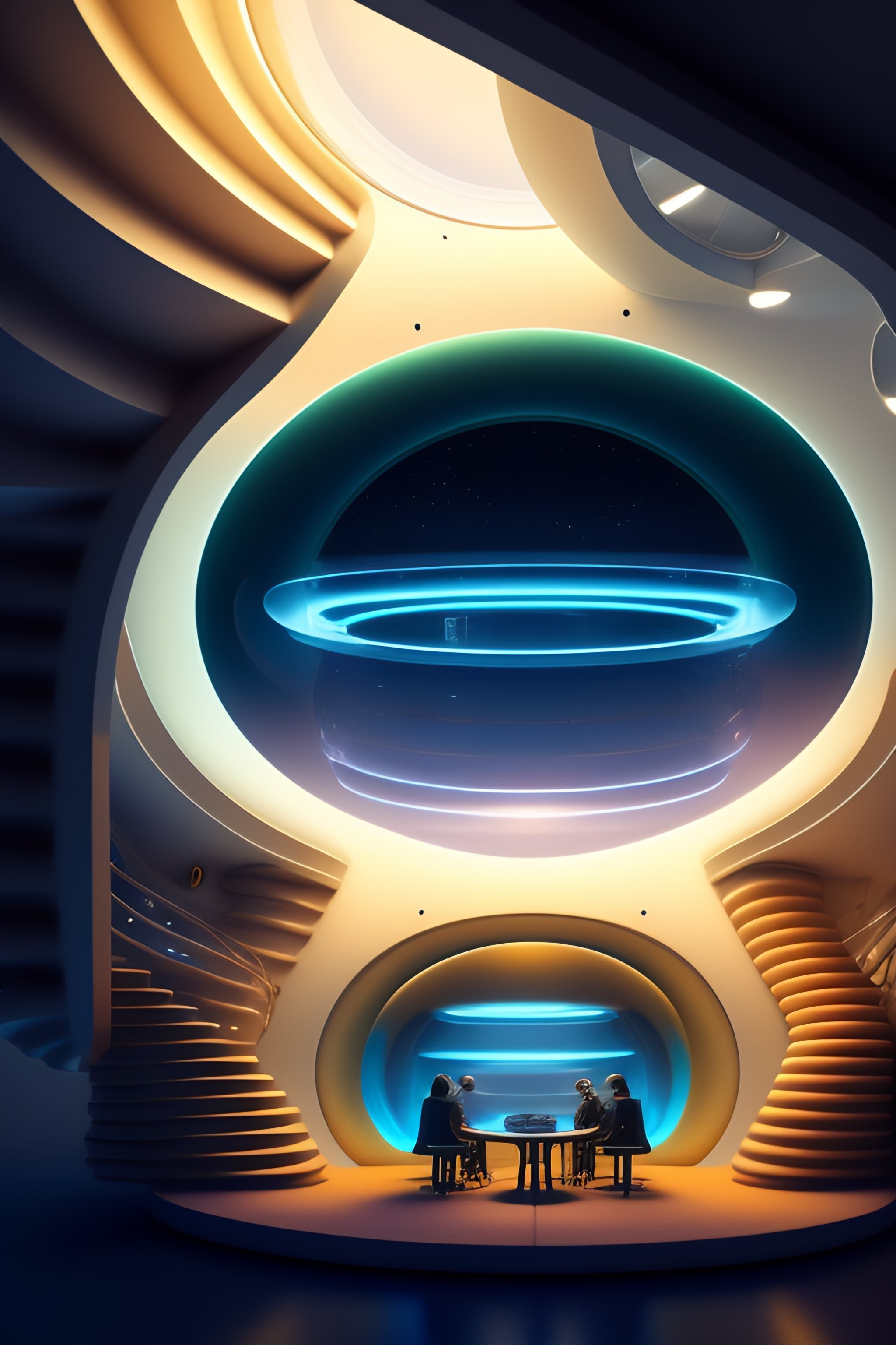 Lexica - Cozy,torus shaped spaceship, lab, five scientist, one scientist sleeping in the middle ...