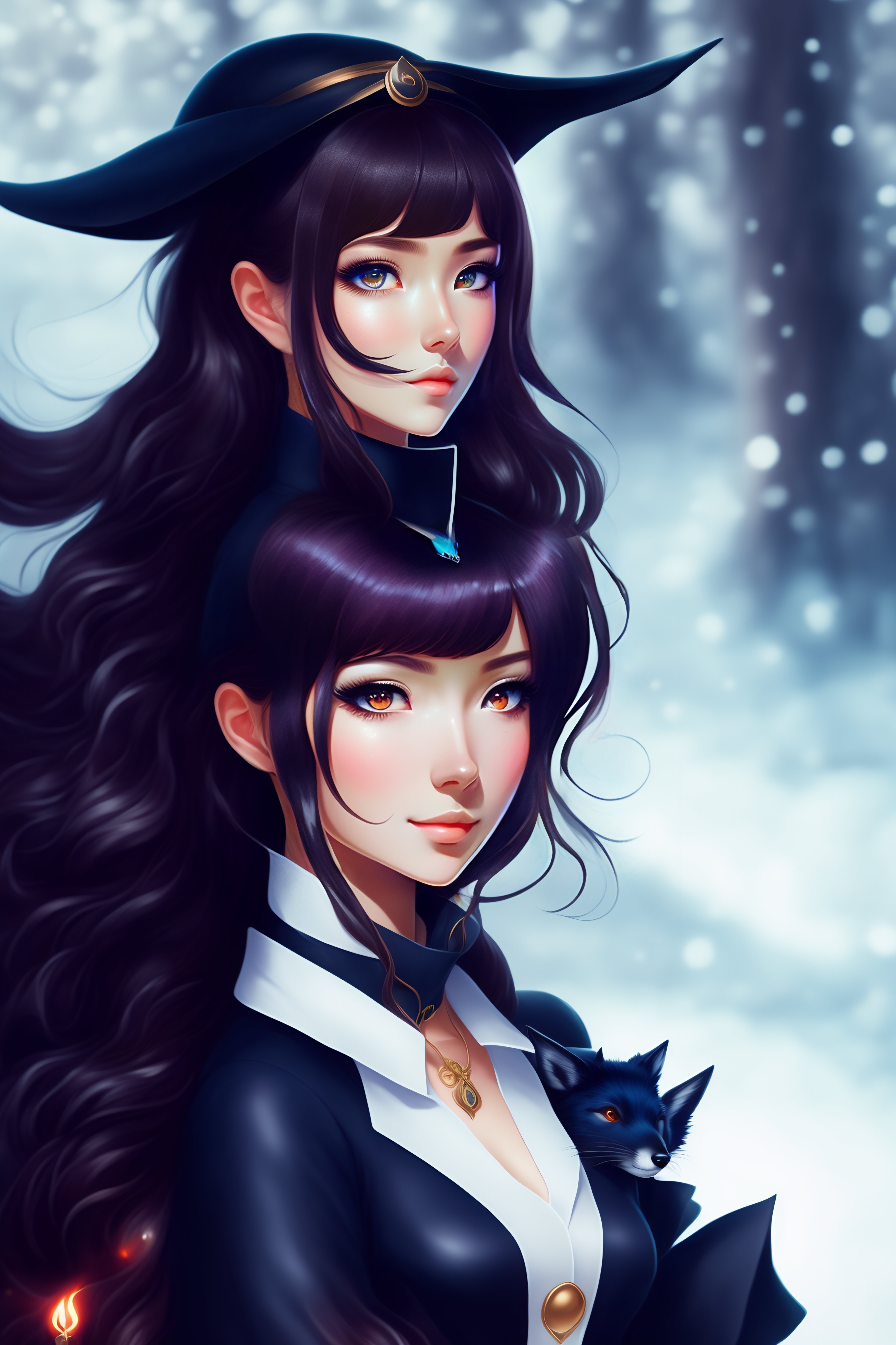 Lexica - Young female witch, flowing dark hair, blue eyes, fitted pure ...