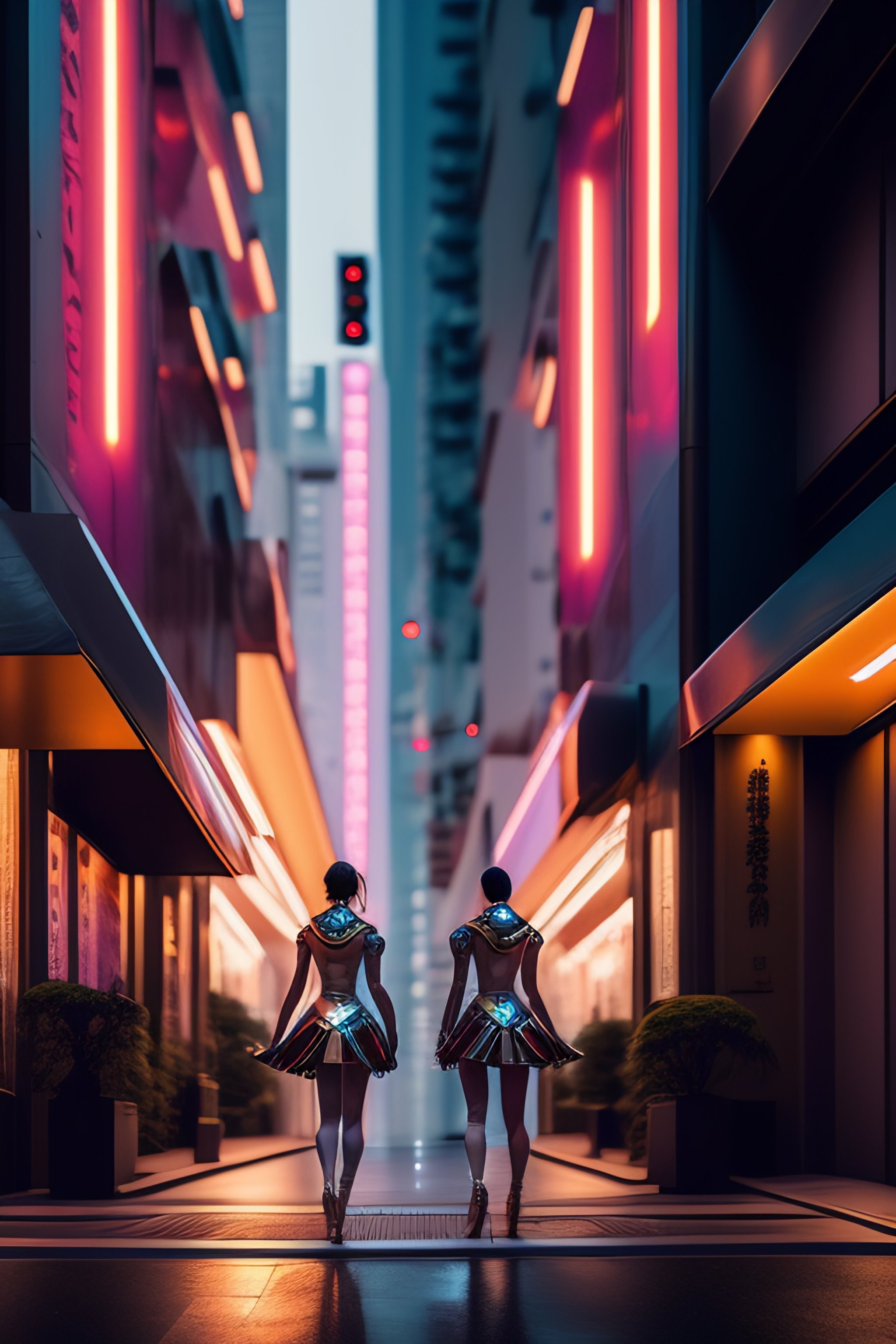 Lexica - Two cyborg ballet dancers dancing in a futuristic street in ...