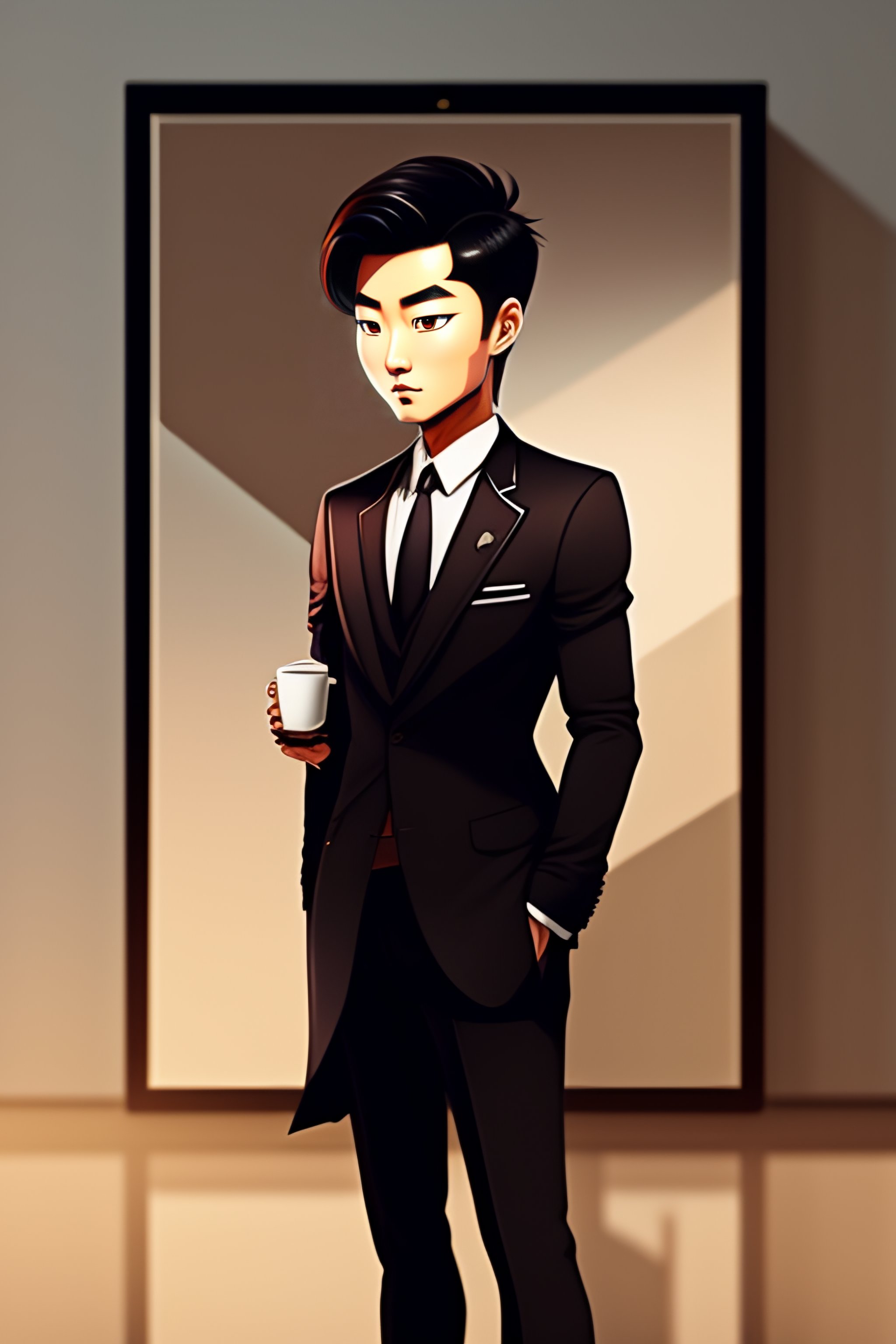 Lexica - Korean cartoon style, a sharp-eyed Korean man in a black coat ...