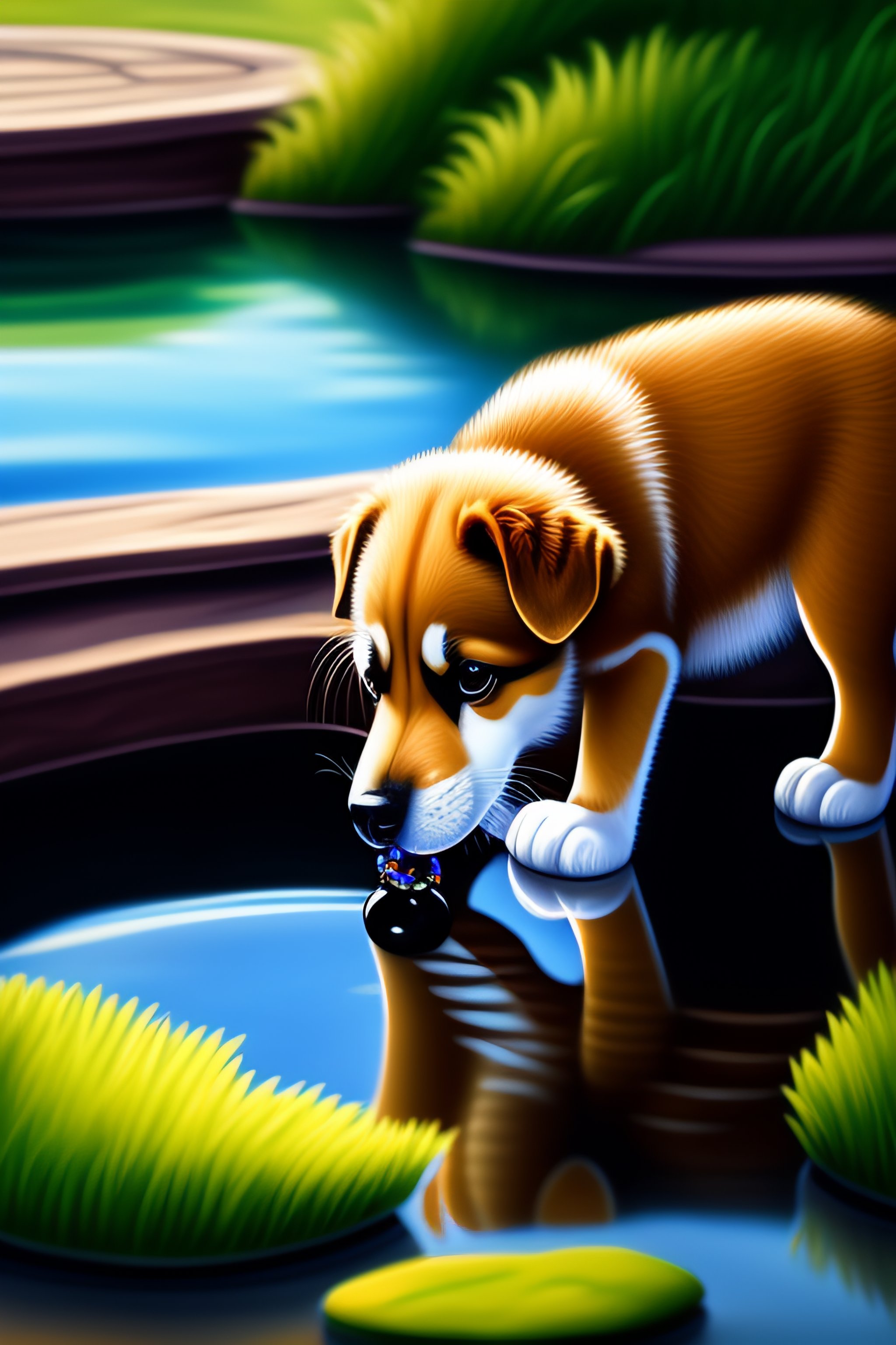 Lexica - A cartoon picture of a baby DOG drinking from a pond, a child ...