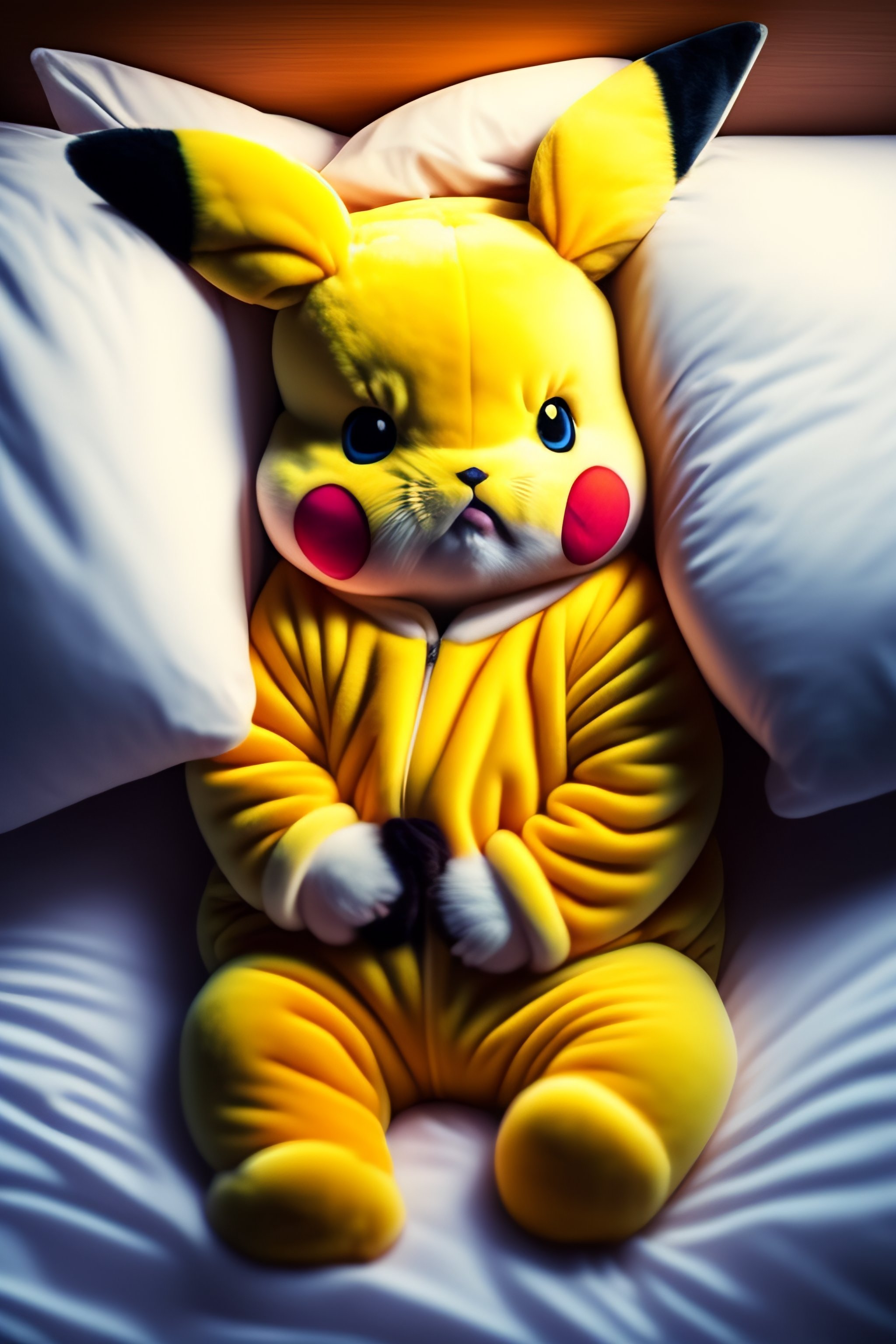 Lexica - Pikachu. comfy pajamas, sleepy. in bed