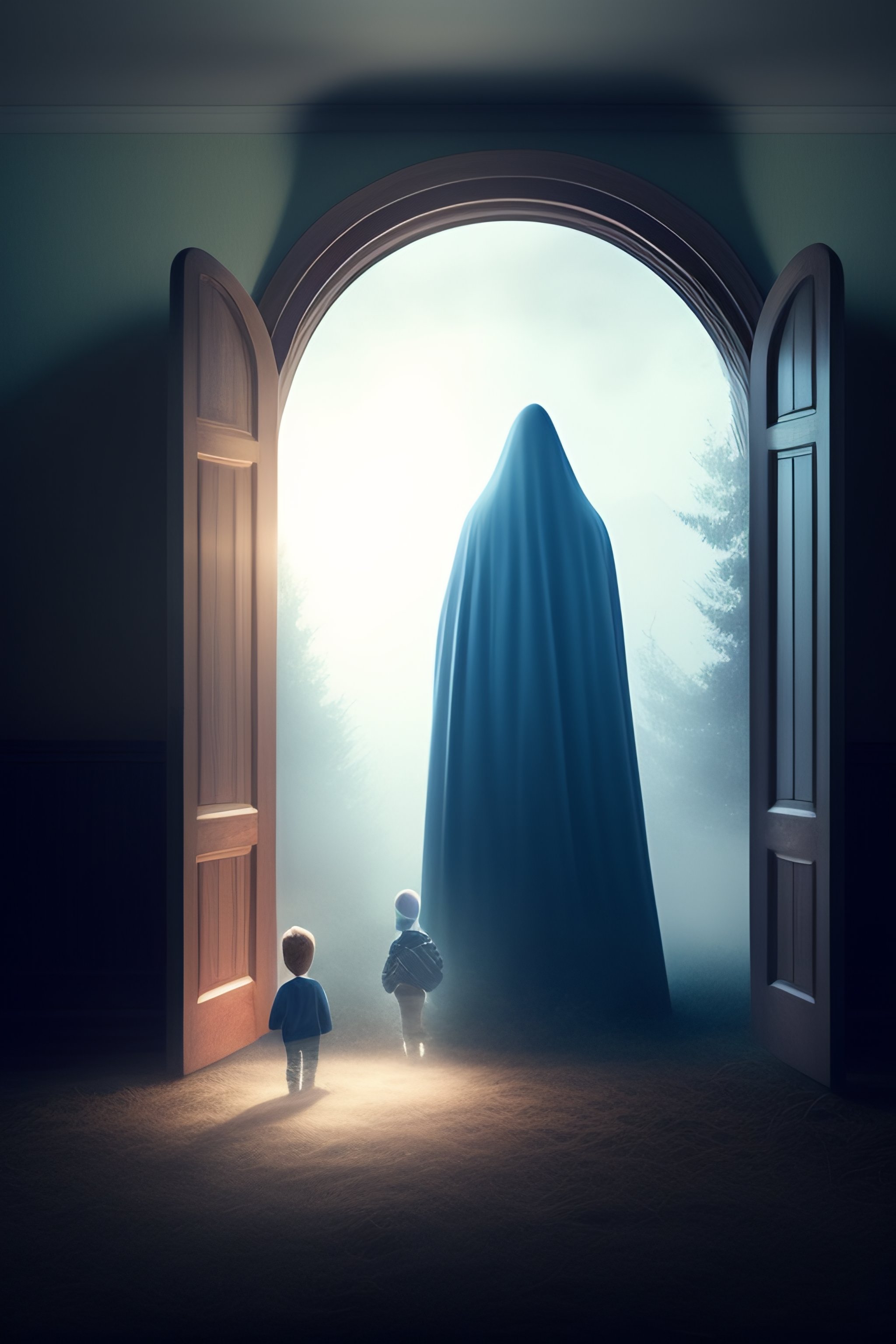 Lexica - Creepy ghost with a boy in the haunted house