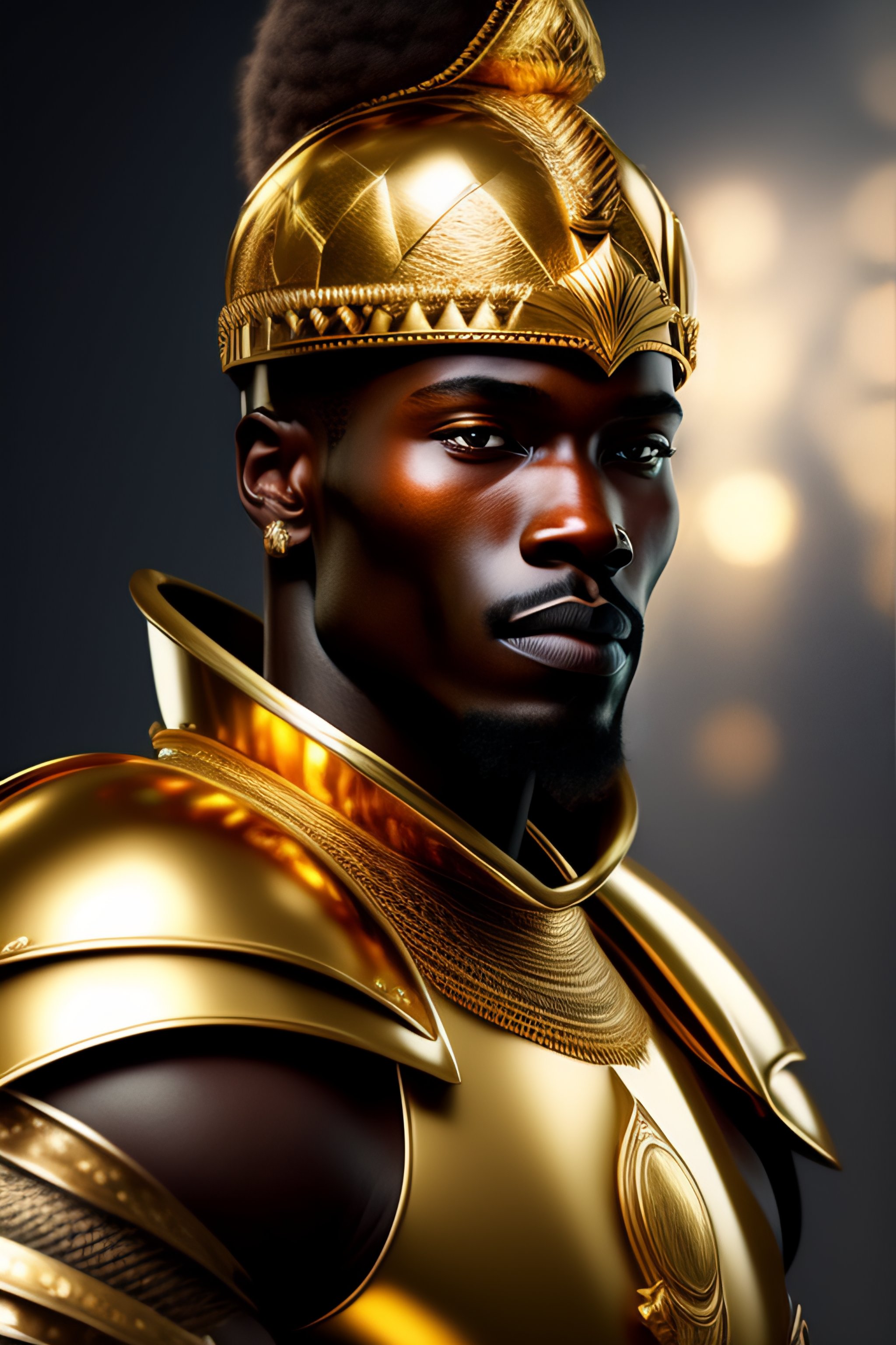 Lexica - Realistic Portrait of African warrior king, gold armor