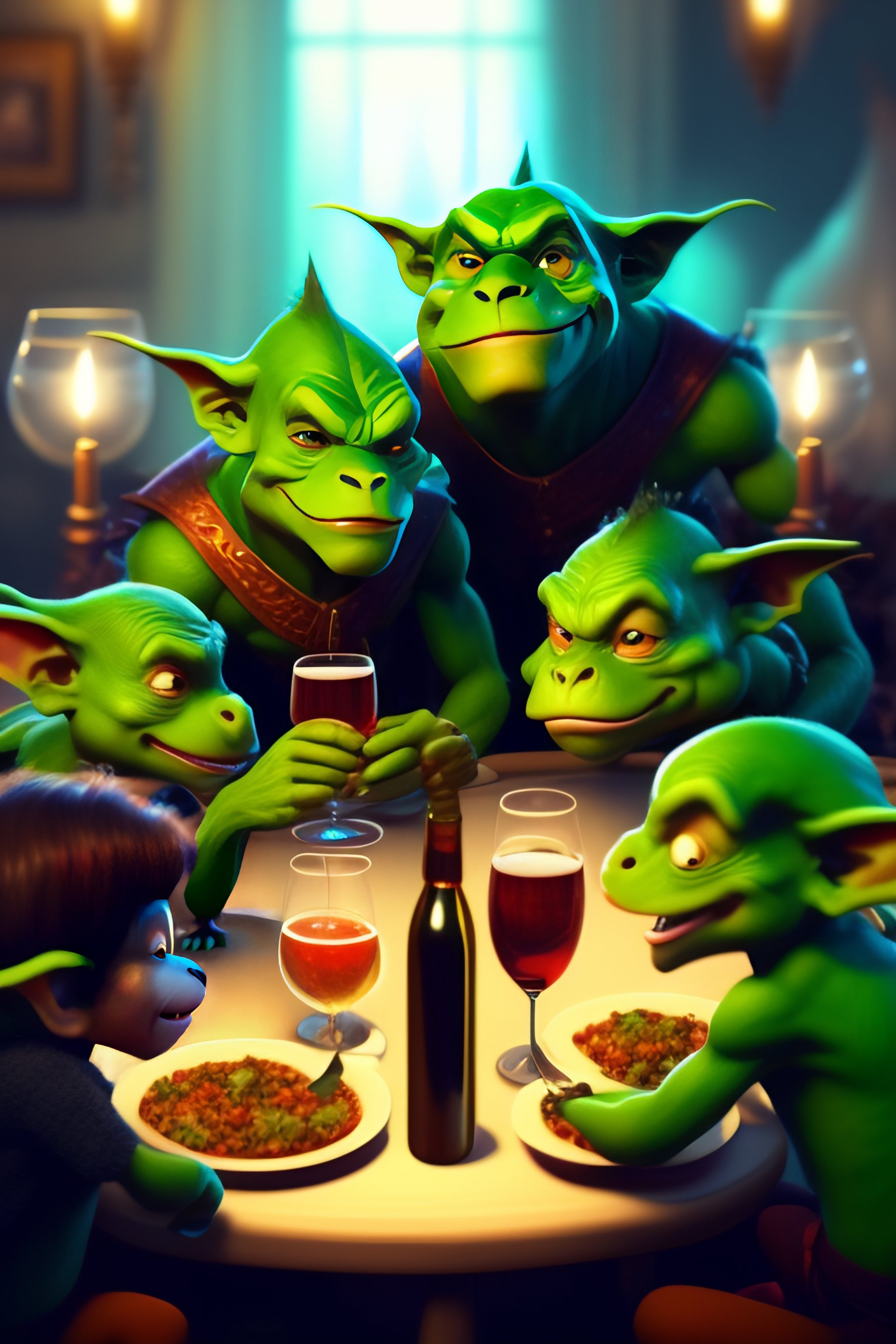 Lexica - A family of ten green goblins having dinner on a long table at ...