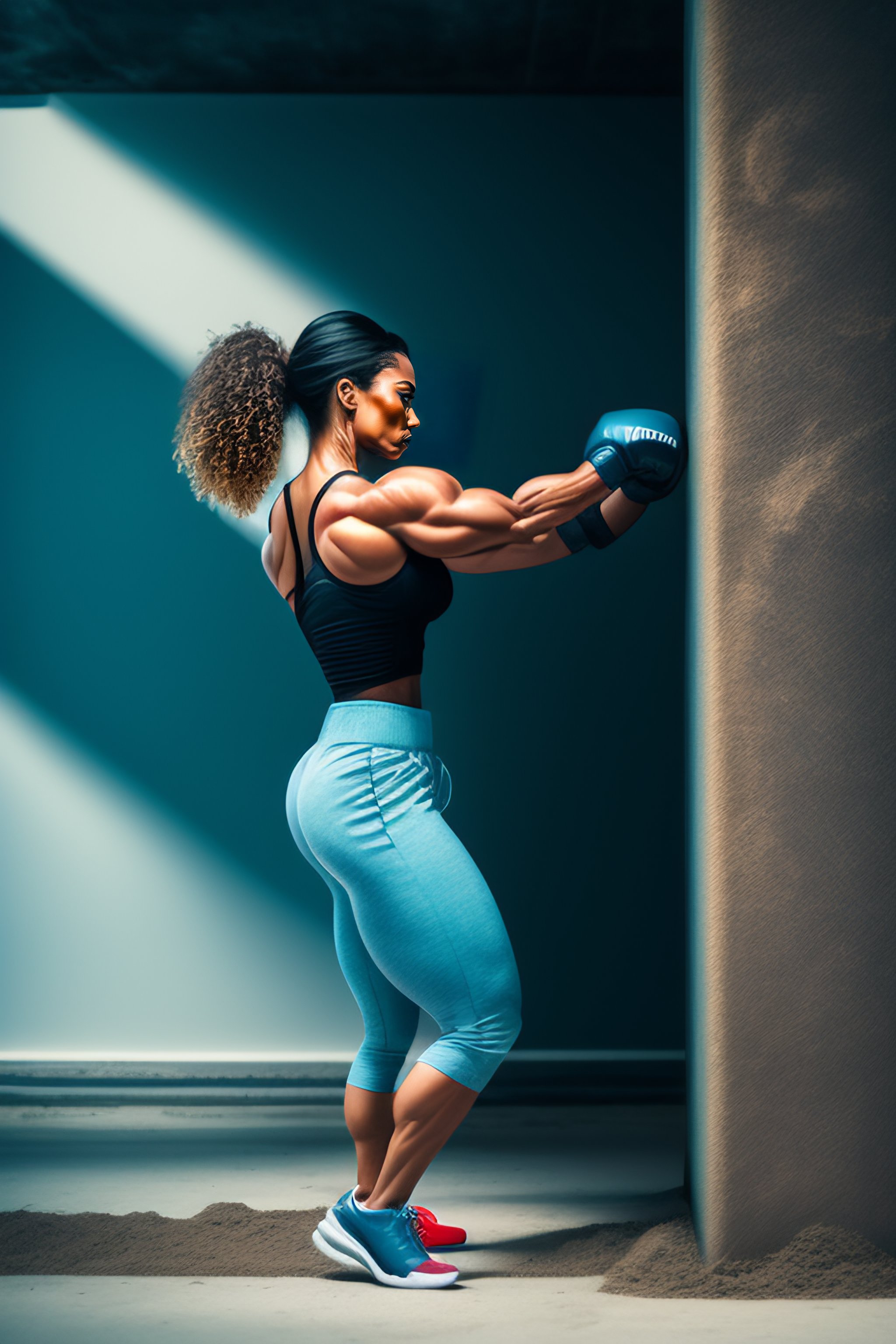 Lexica - A woman bodybuilder punching through concrete wall with bare-hands