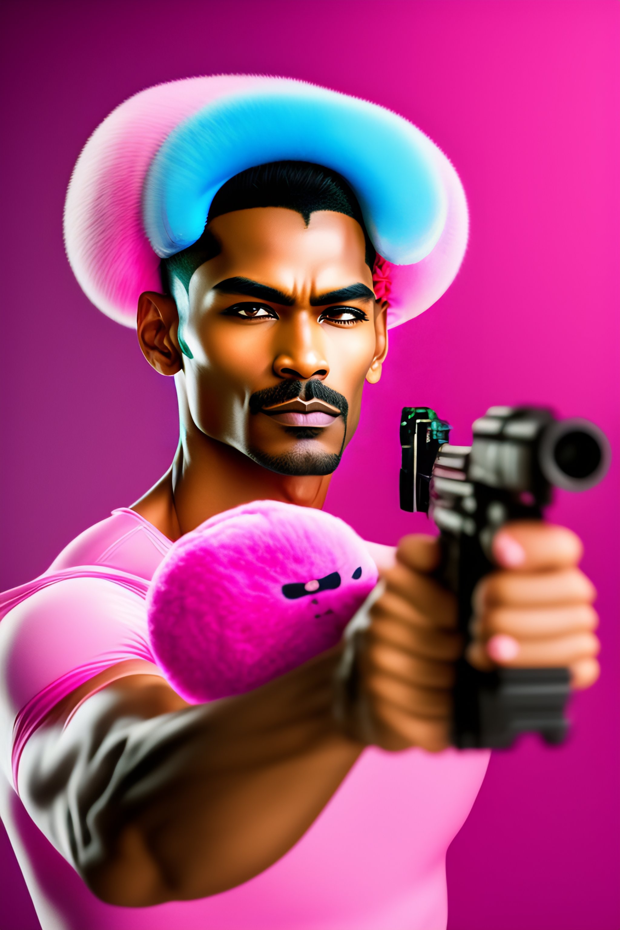 Lexica - Portrait of a super pink gay man with pink hello kitty gun