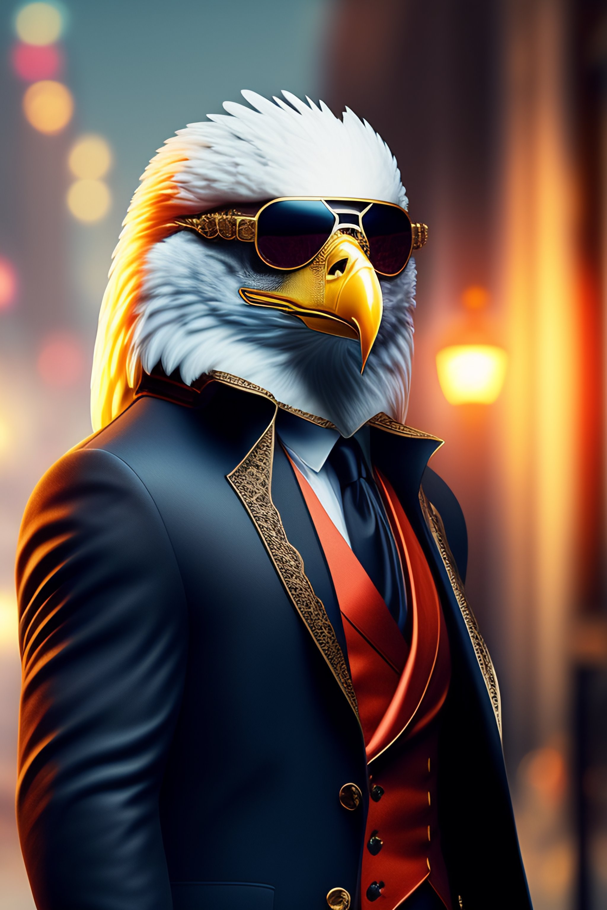 Lexica - Cool eagle, (holding a gun:1.6), sunglasses, tailored costume, masterpiece, 8k ...