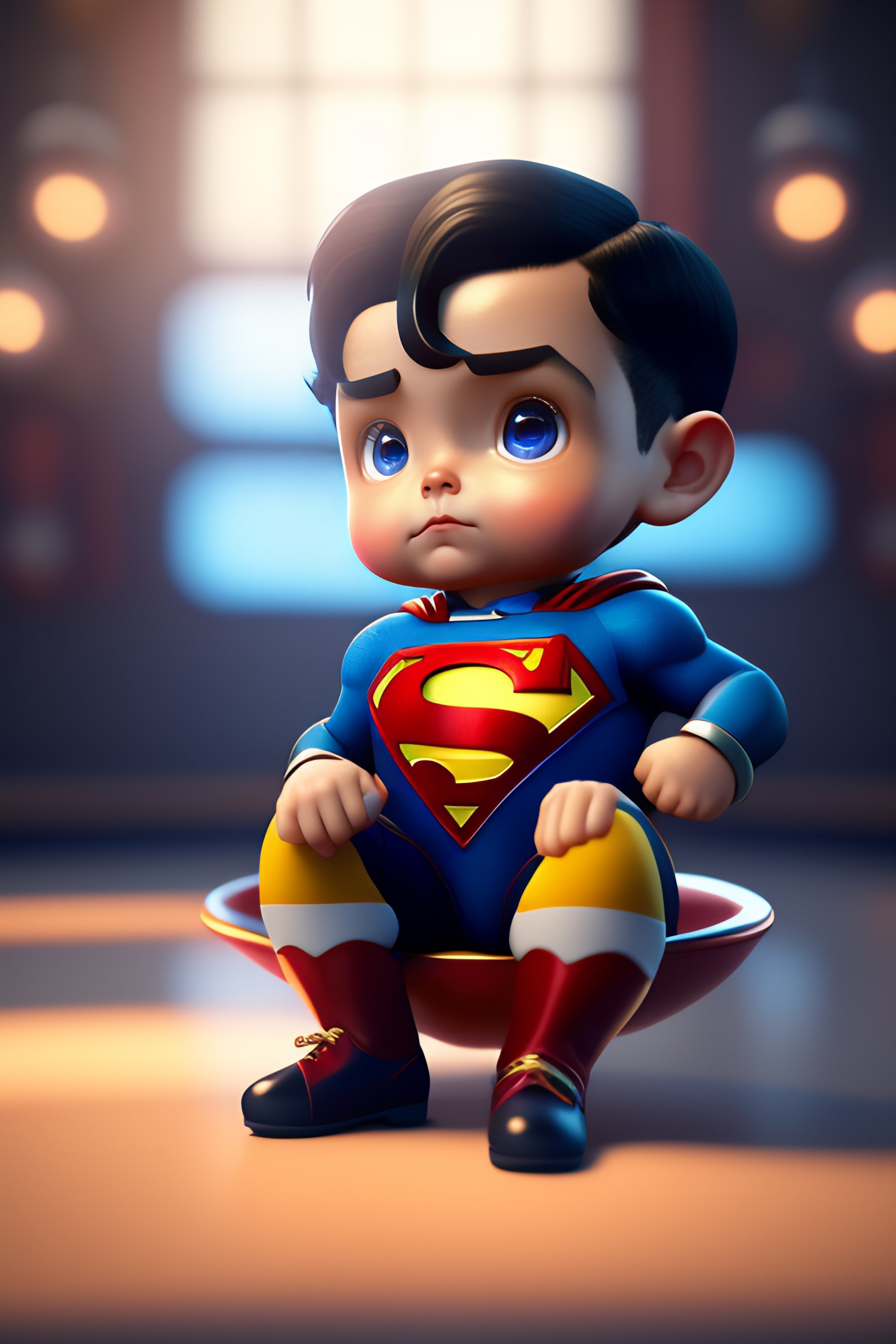 Lexica - Cute small humanoid superman sitting in front of laptop ...