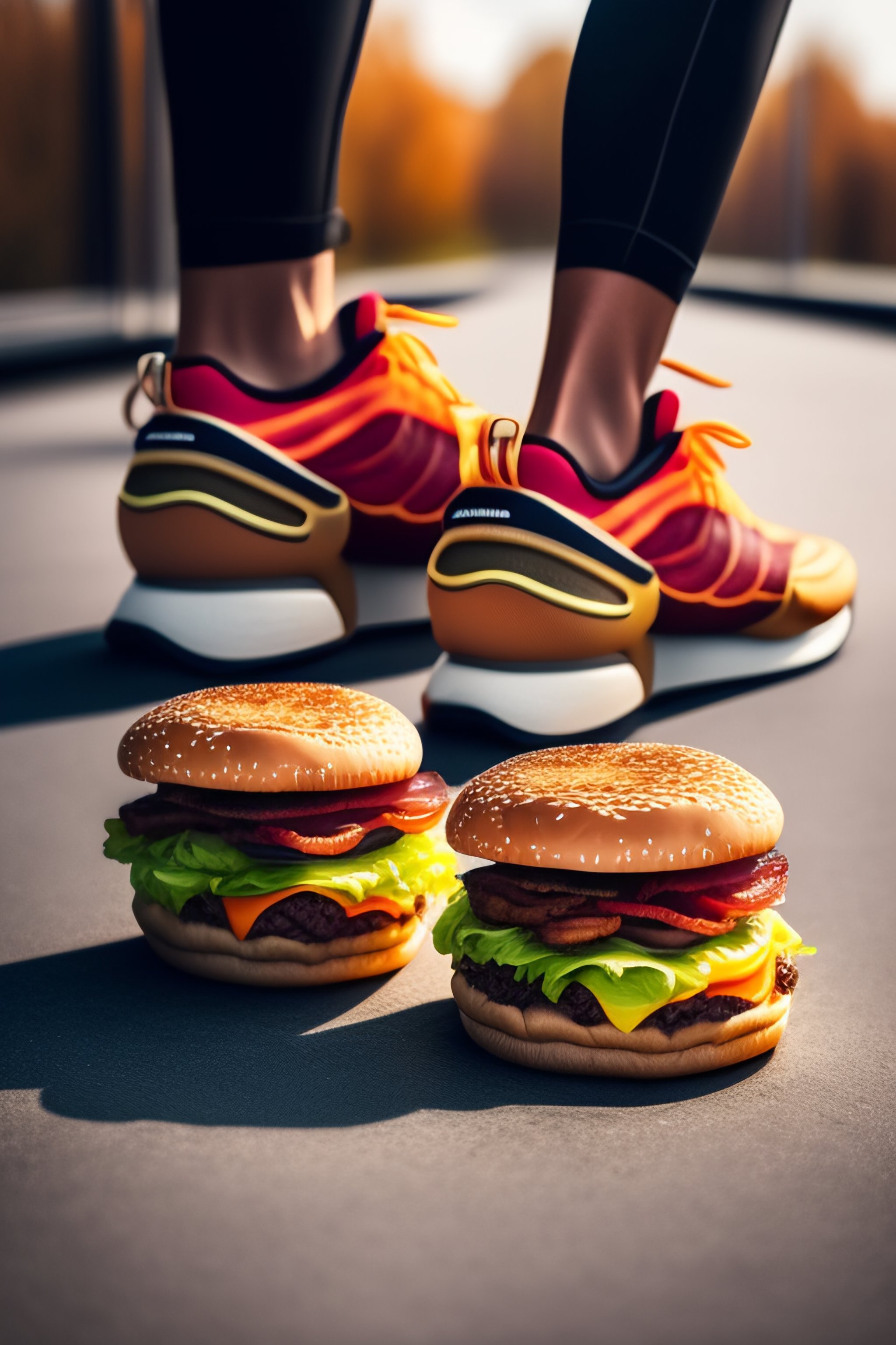 Lexica - Photo of a pair of running trainers made from burgers and bacon
