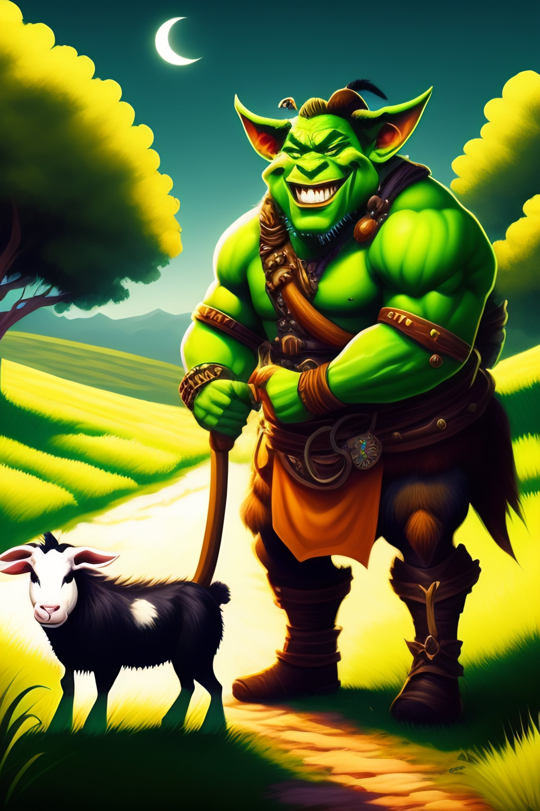 Lexica - A happy orc holding a whip while herding goats, green fields ...