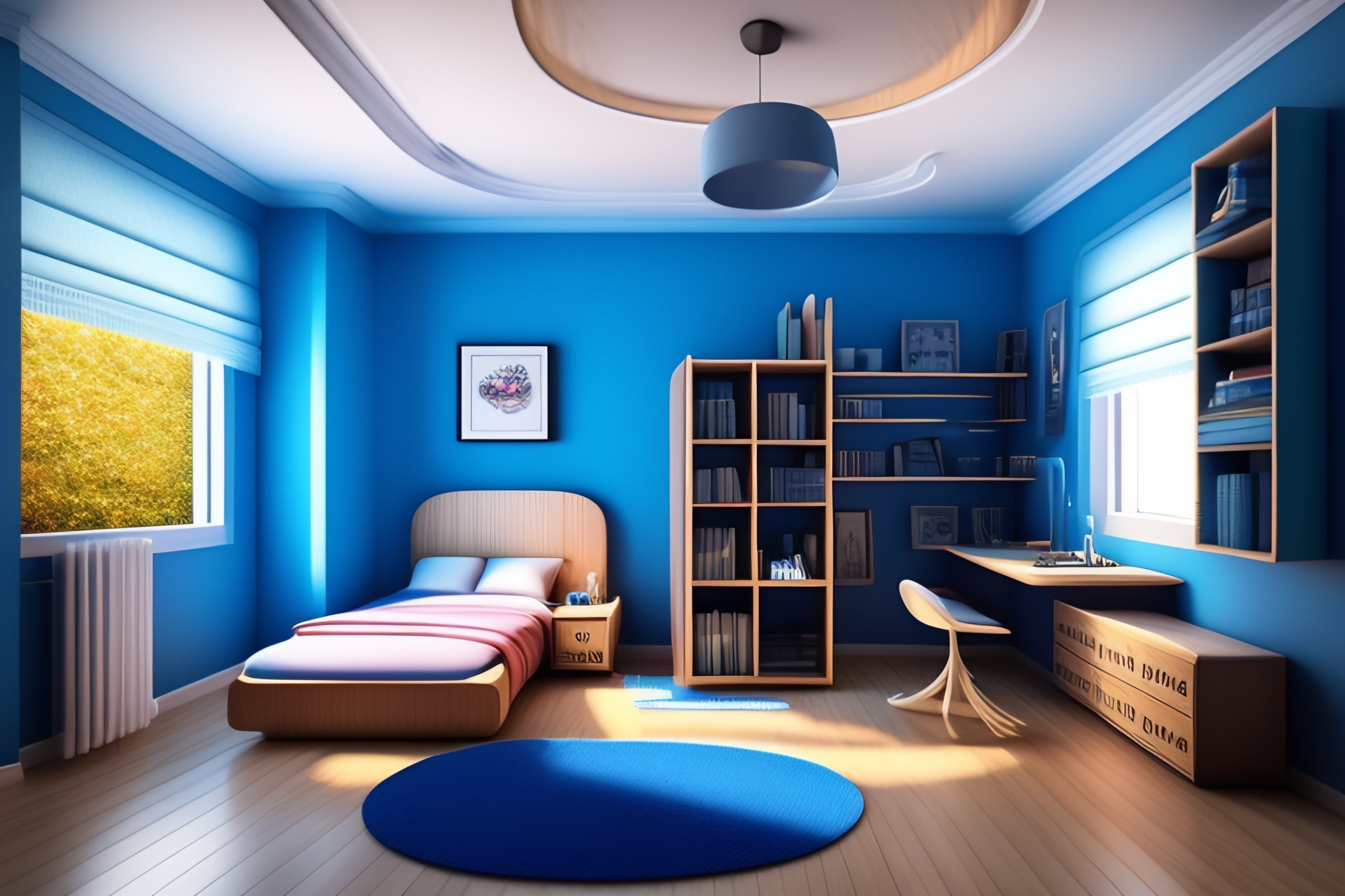 Lexica - 2D side-on hand drawing doll house room of a blue large ...