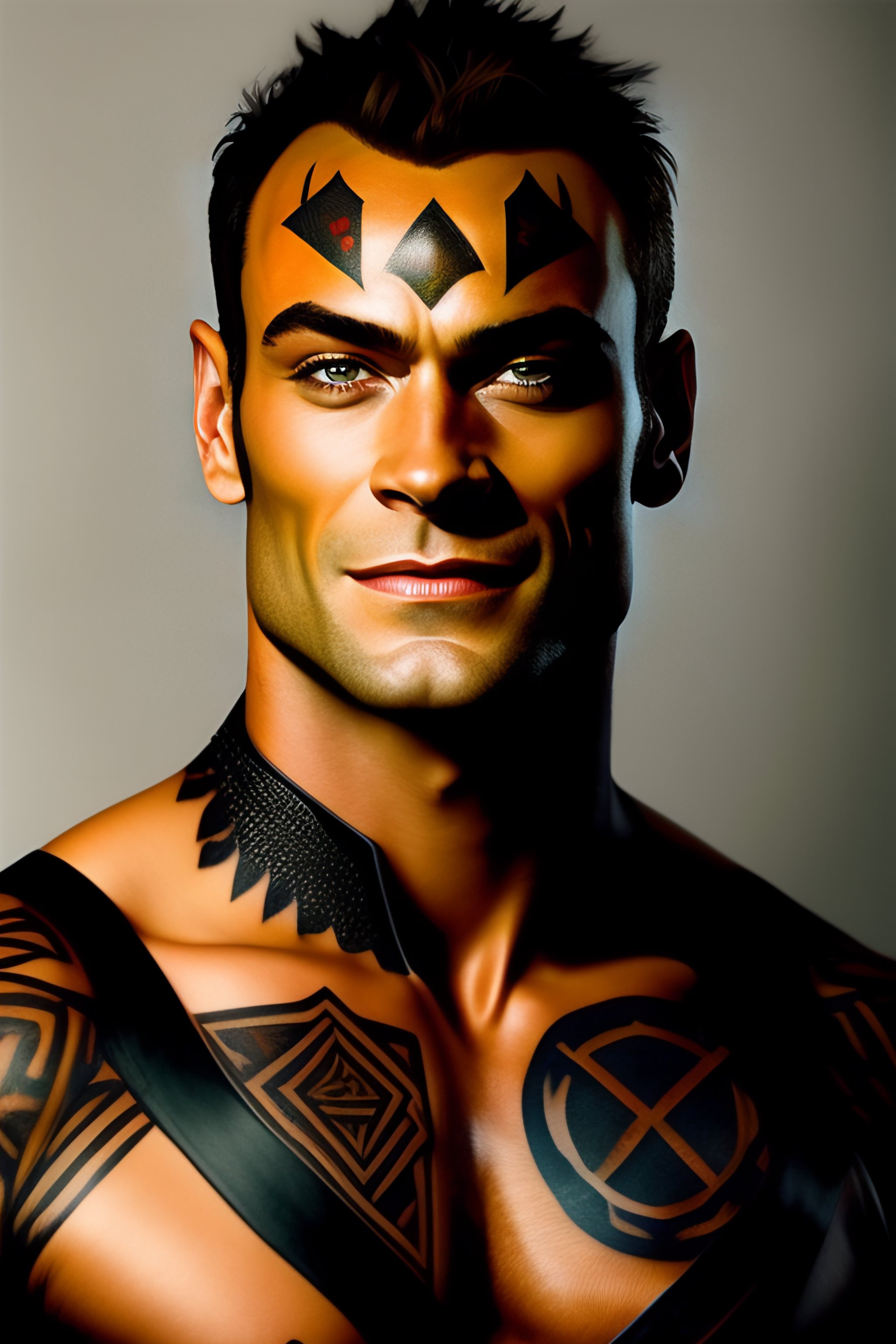 Lexica - Male guy half-orc half-human, jude law face, geometric tatooed ...