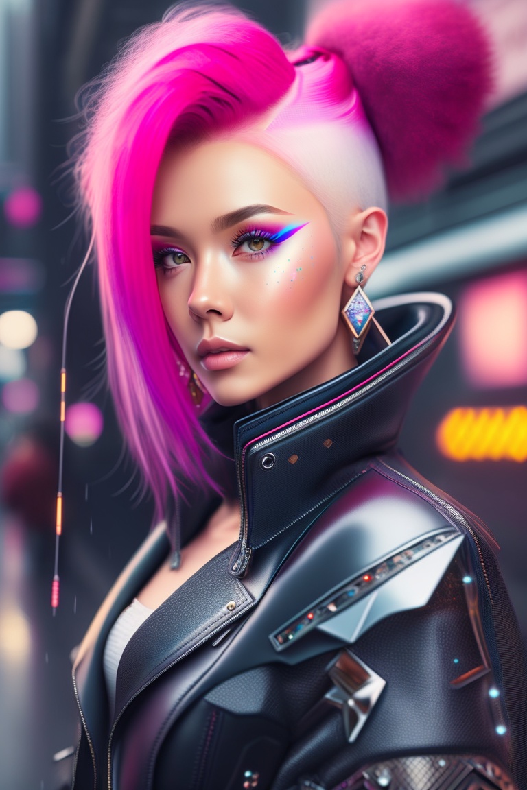 Lexica - Portrait of beautiful girl with pink hair, wearing cyberpunk ...