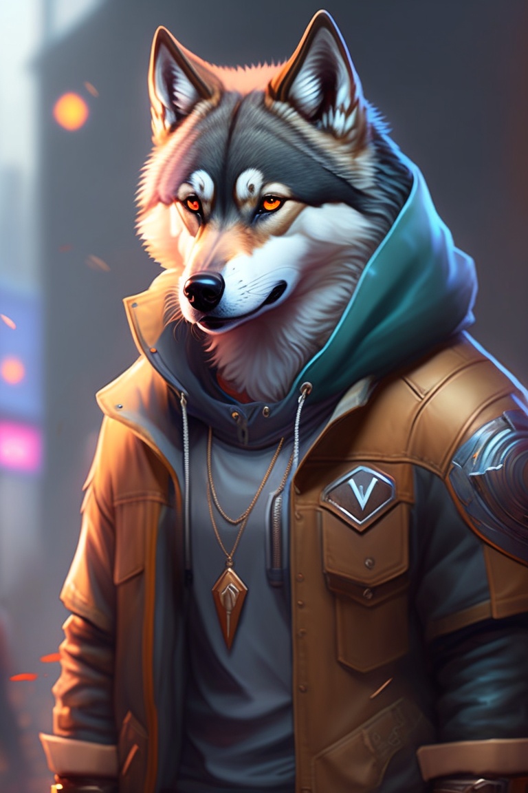 Lexica - Anthro humanoid wolf, hoodie and ripped jeans, looking at ...