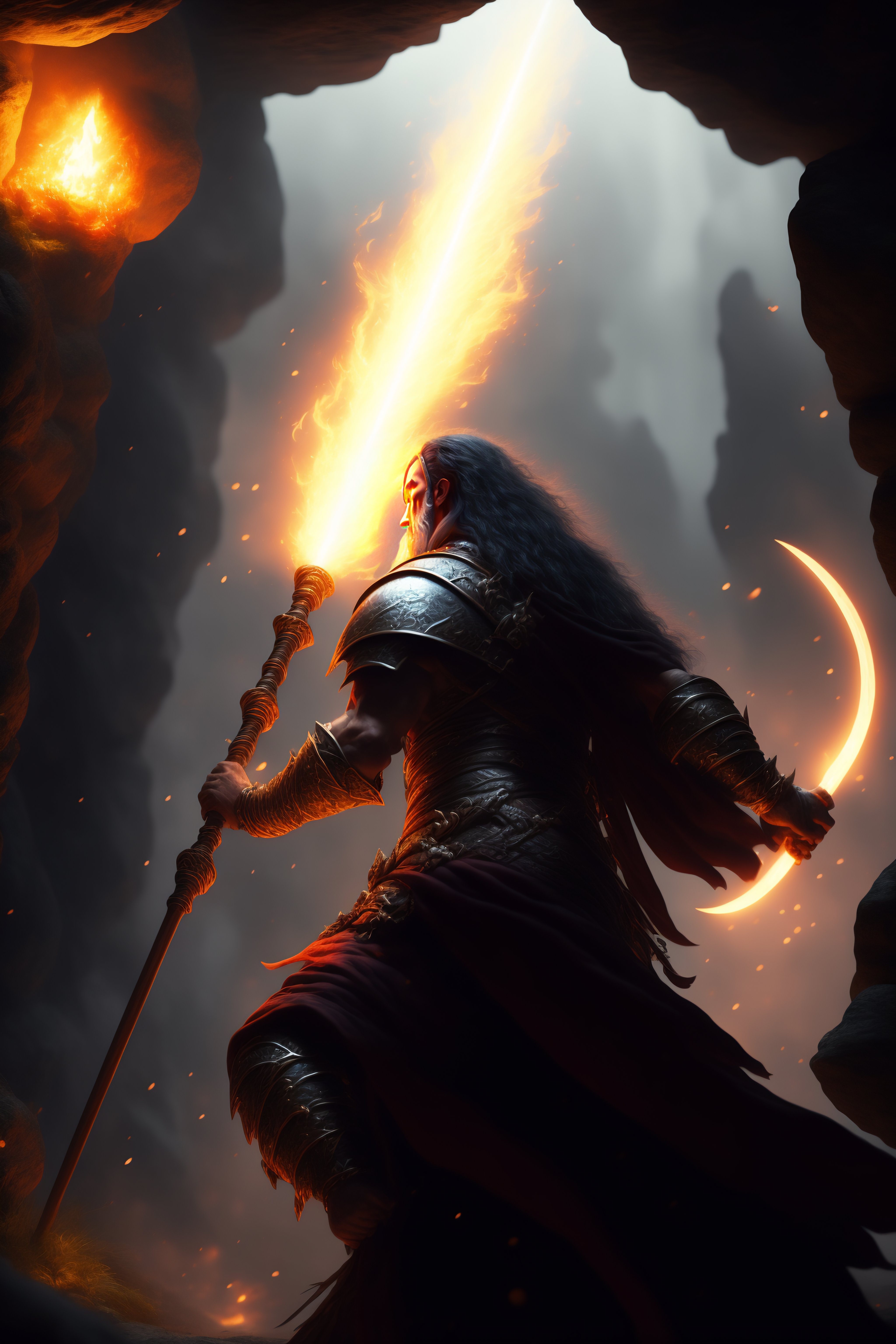 Lexica - Wizard with a staff fightning versus orcs inside a cave, hd ...