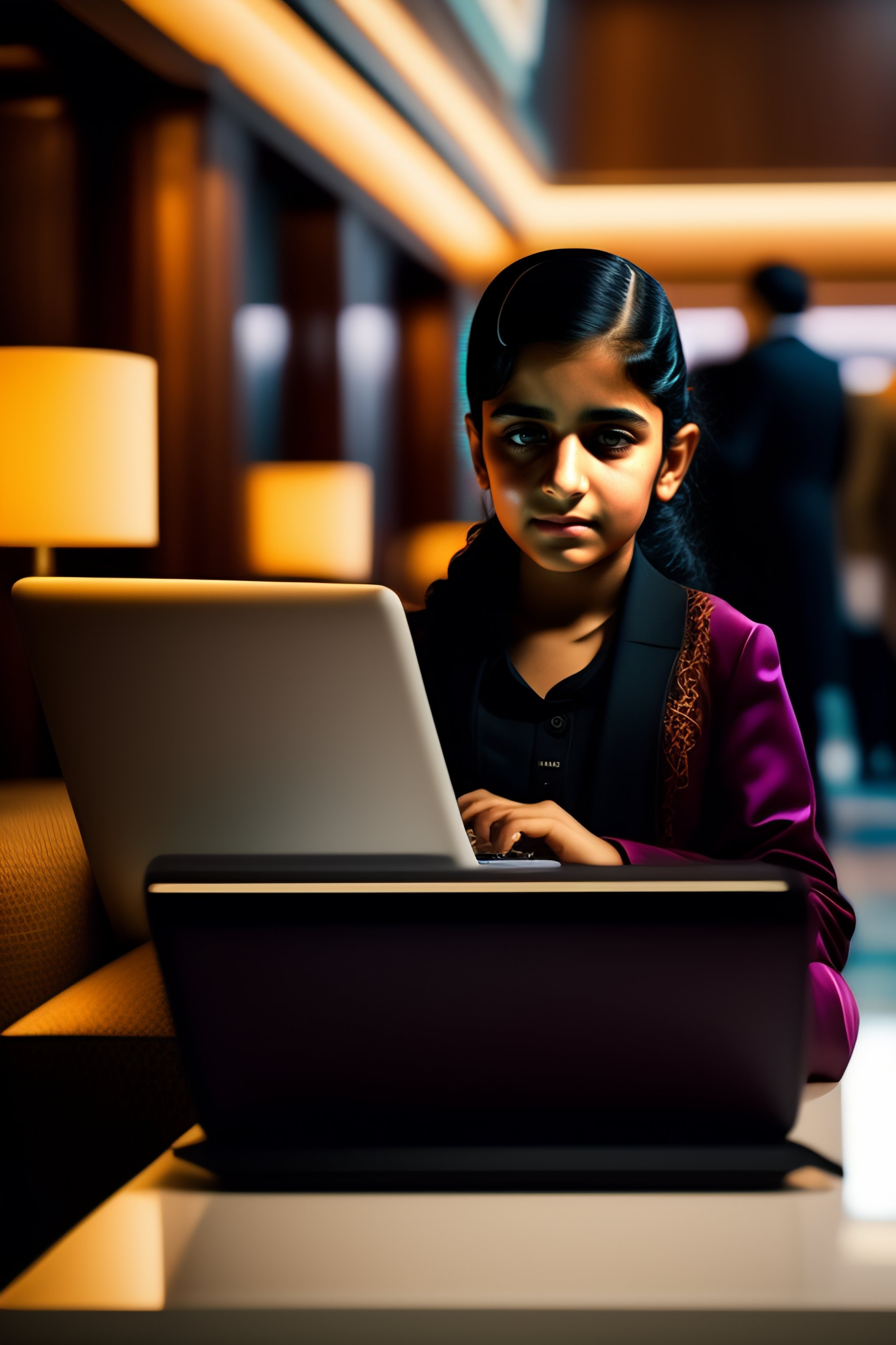 Lexica - Young Pakistani hacker using her laptop in a busy hotel lobby ...