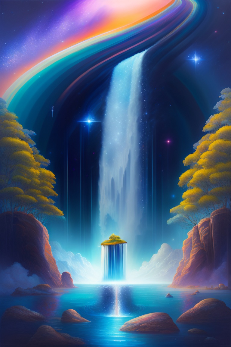 Lexica - In the background, a cascading waterfall spills from a ...