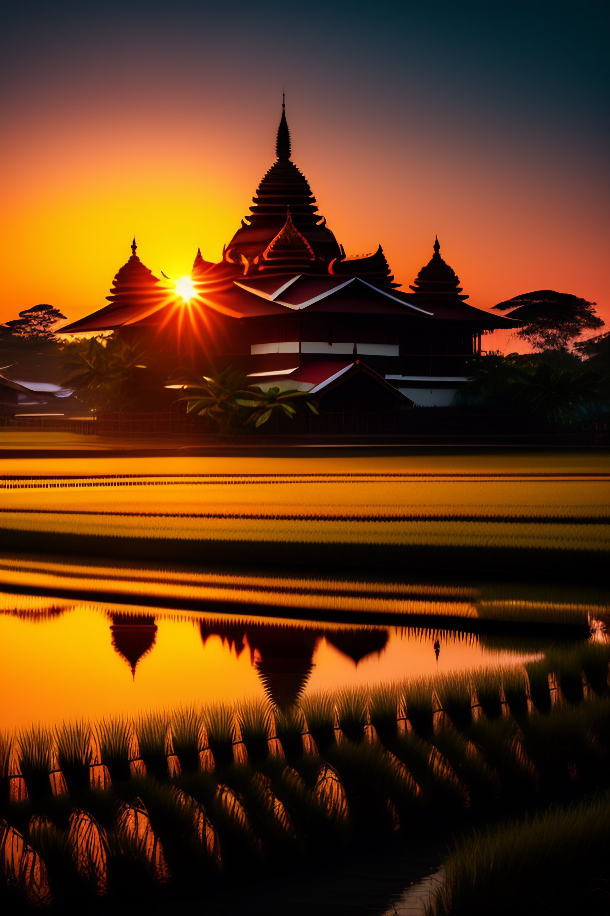 Lexica - Sri Lanka Buddhist temple, sun set, dynamic lighting, paddy fields