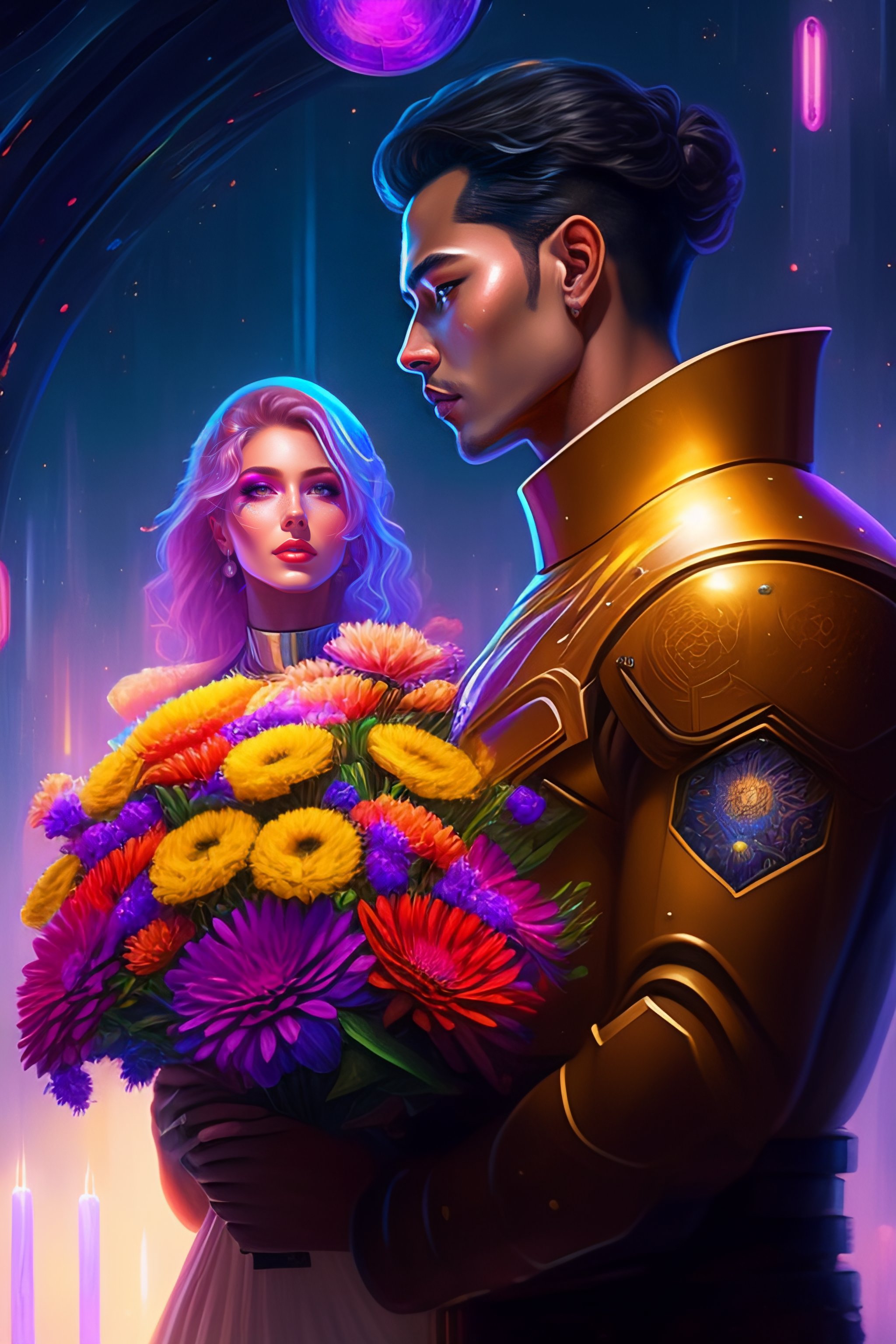 Lexica - An android man gives a bouquet of flowers to a beautiful human ...