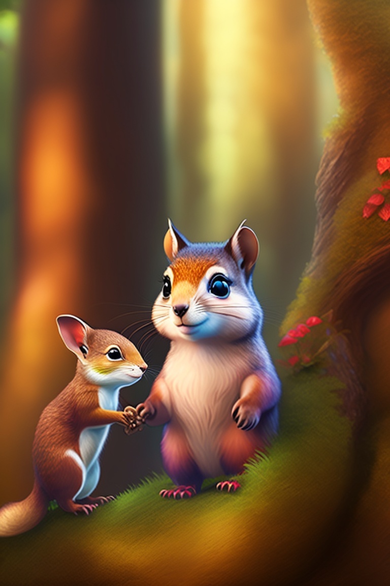 Lexica - An image of Ruby and Oliver, the lost squirrel, holding hands and embarking on their ...
