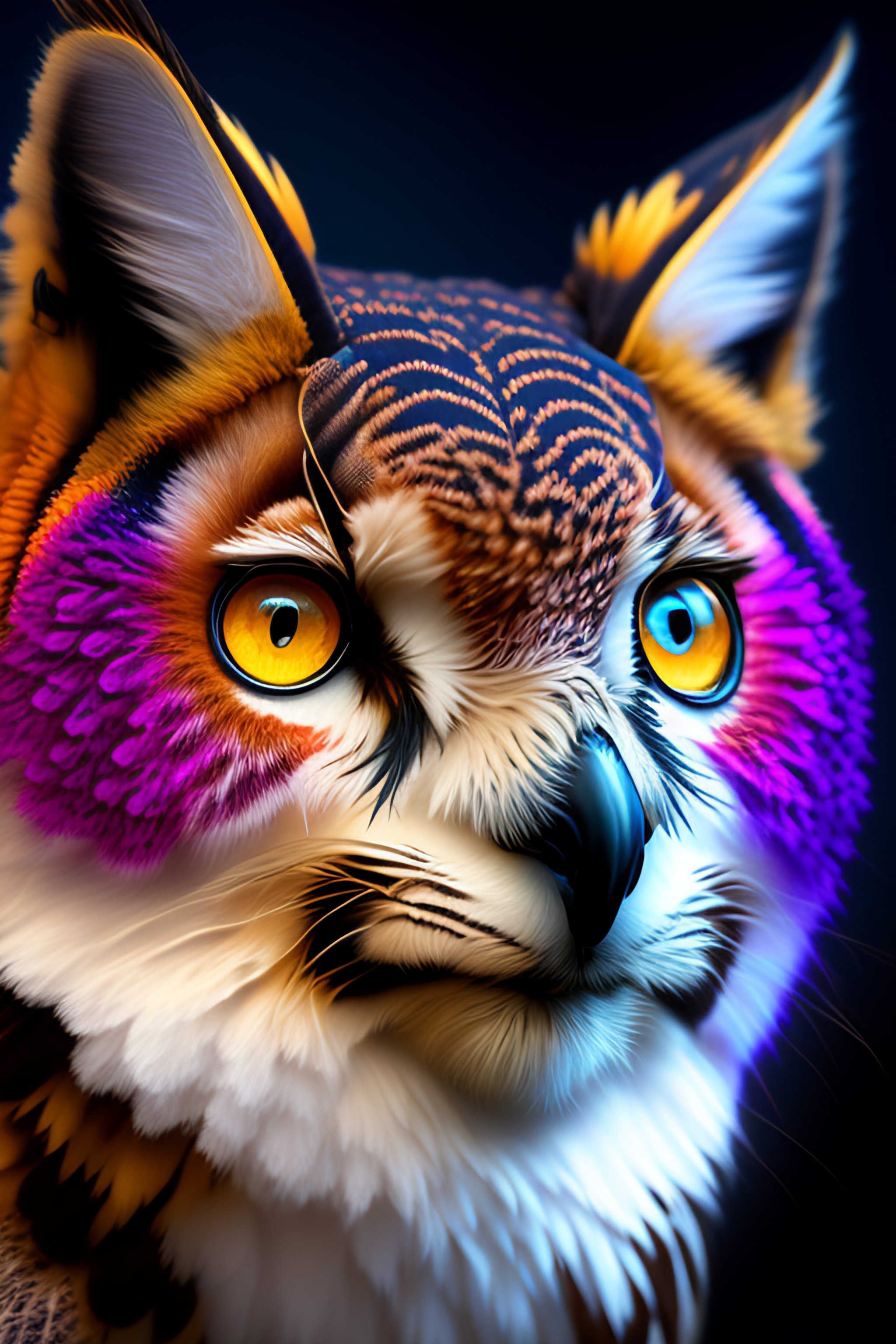 Lexica - Ultra close-up photo of a face of fuzzy owl semi Panther with ...