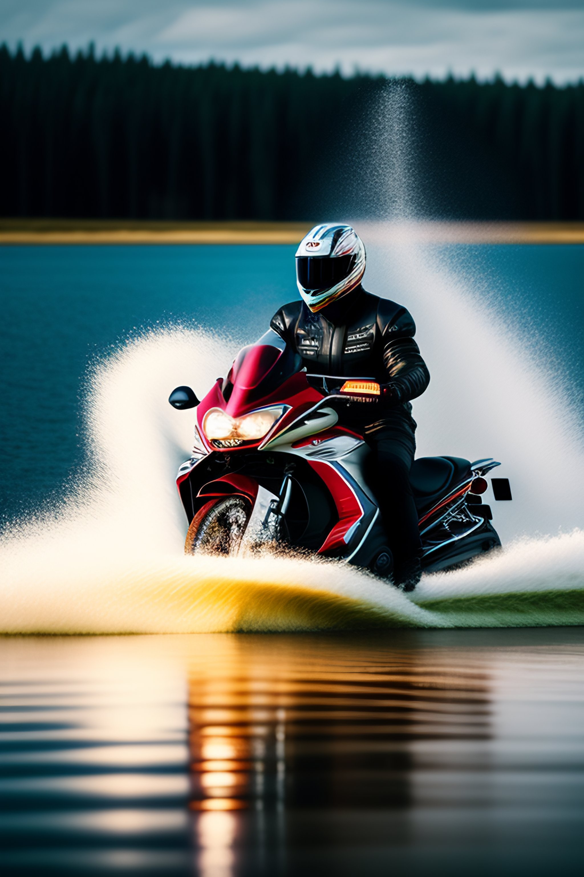 Lexica - Picture of a person driving a motorcycle on water