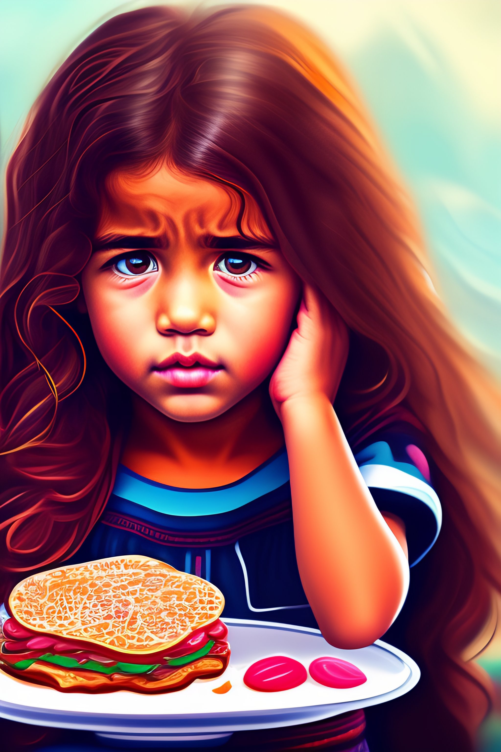 Lexica - Cartoon style hand drawn of young poor girl who is hungry