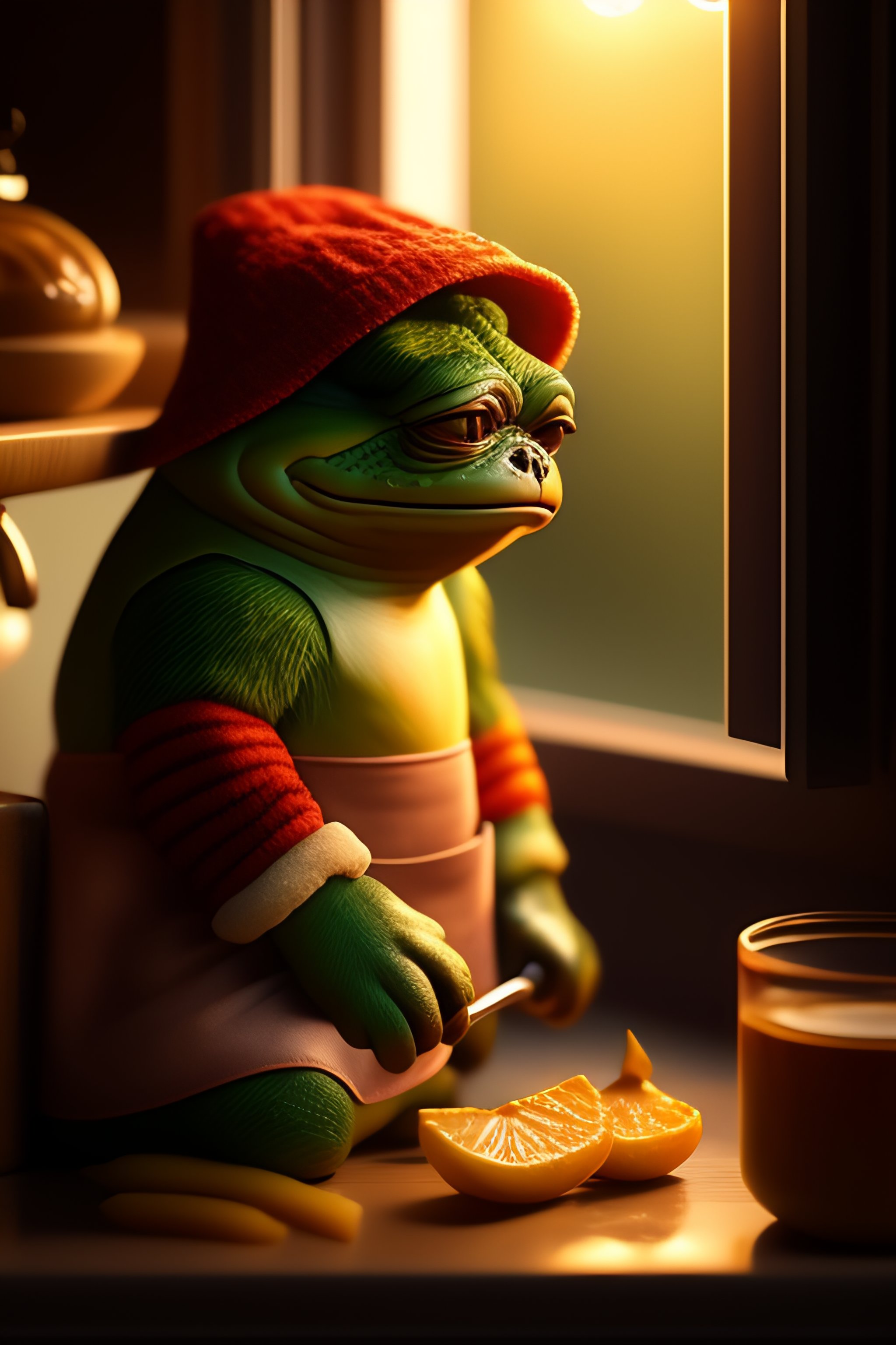 Lexica - An exhausted pepe the frog cooking dinner with an apron on ...