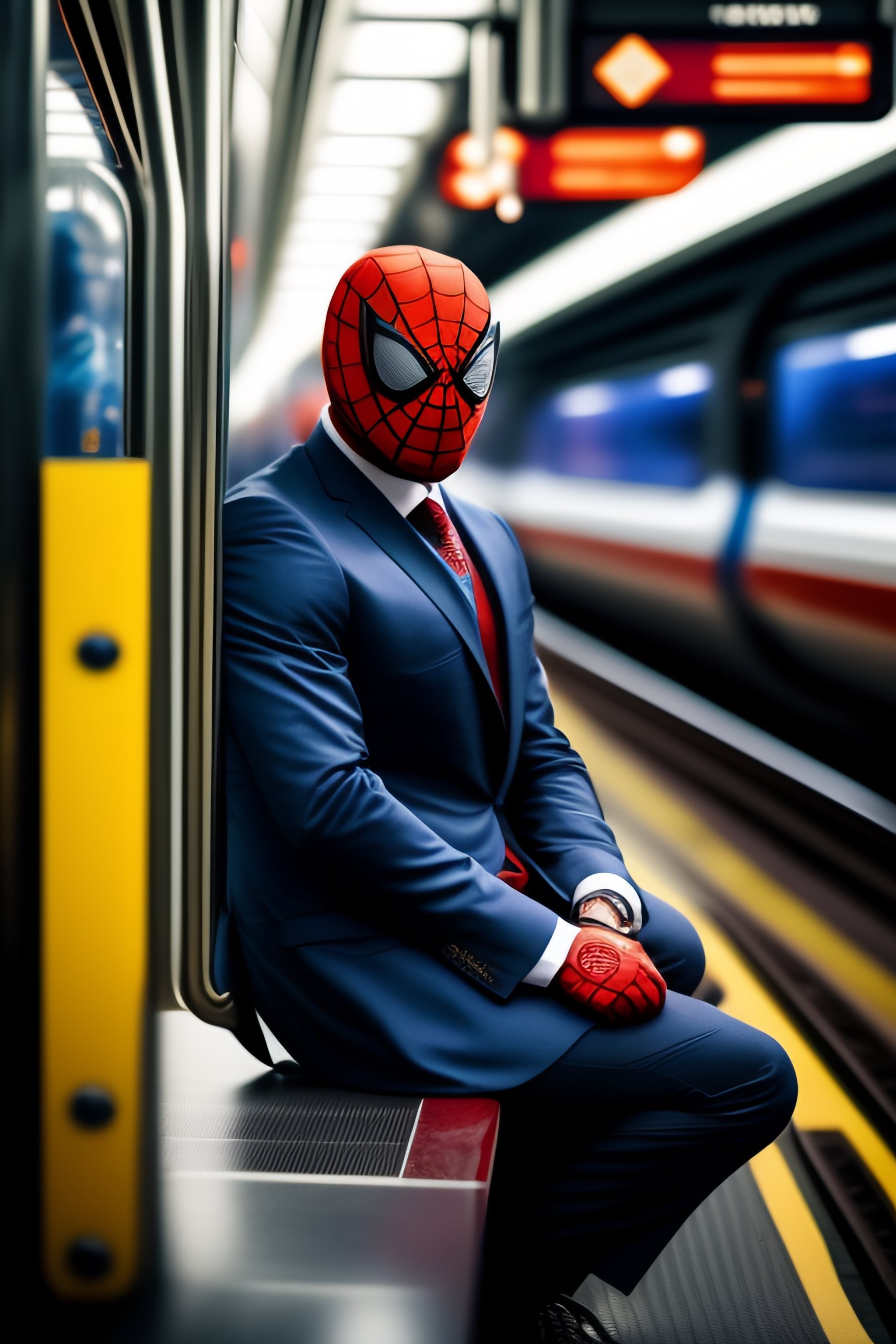 Lexica - Spiderman a business suit sitting in the London Underground ...