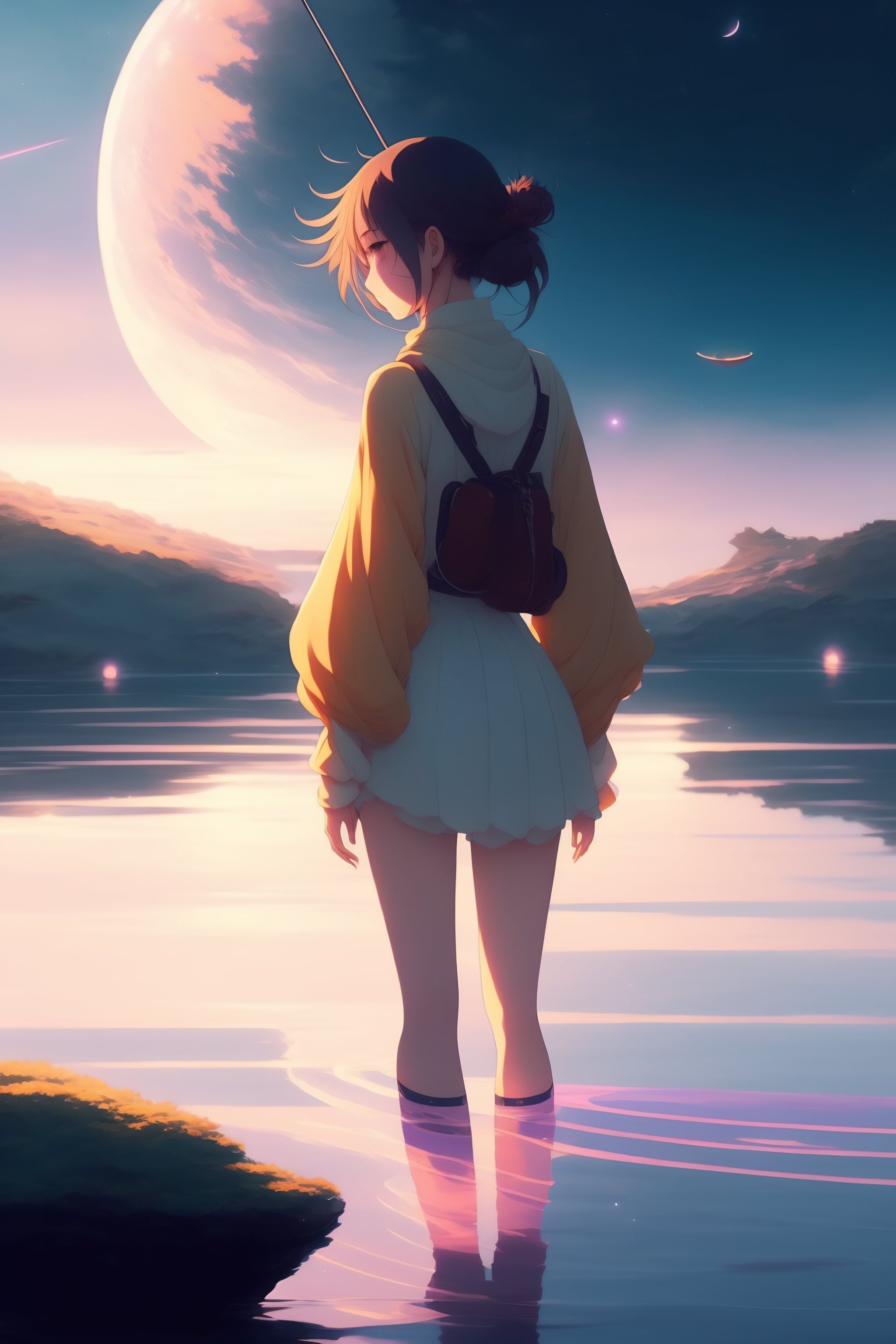 Lexica - Anime girl walking on water, ripples, backdrop of dawn, saturn ...
