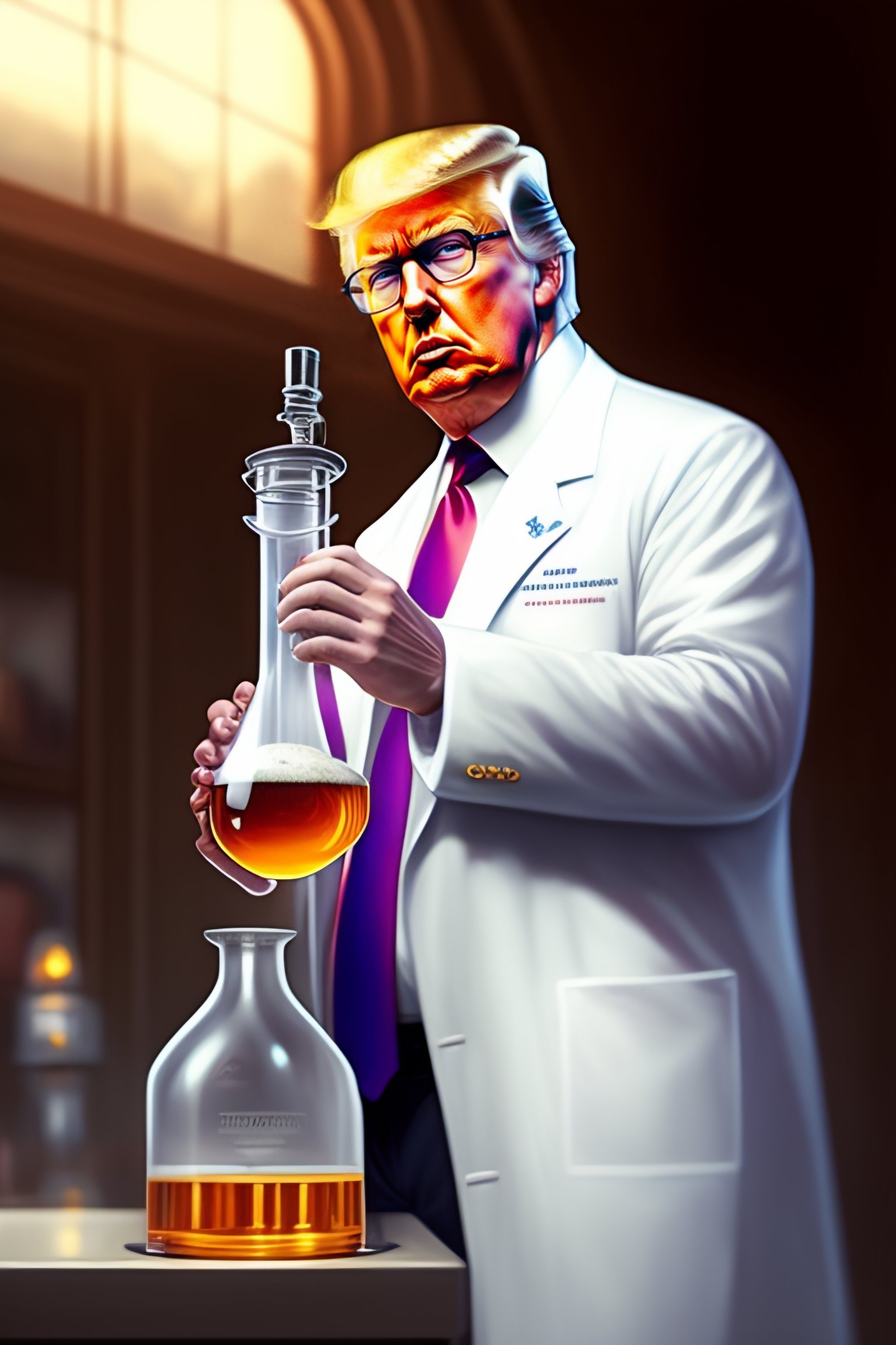 Lexica - Donald Trump holds a ehrlenmeyer flask at eye level, wearing a ...
