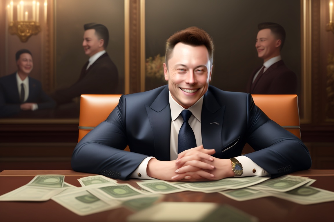 Lexica - Elon musk in a suit, sitting on a table with a lot of money ...
