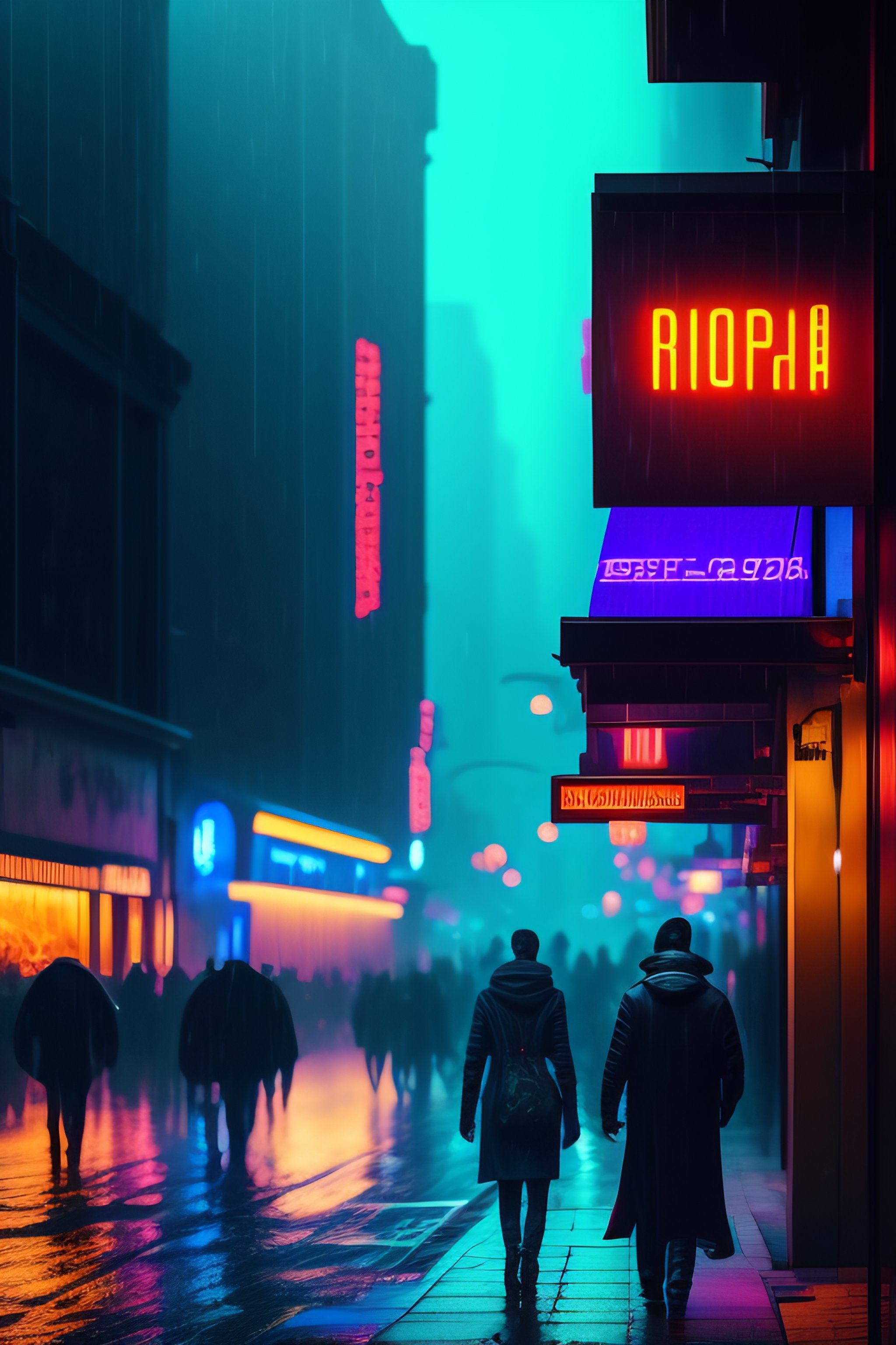 Lexica - Cyberpunk street scene raining nighttime with neon signs ...