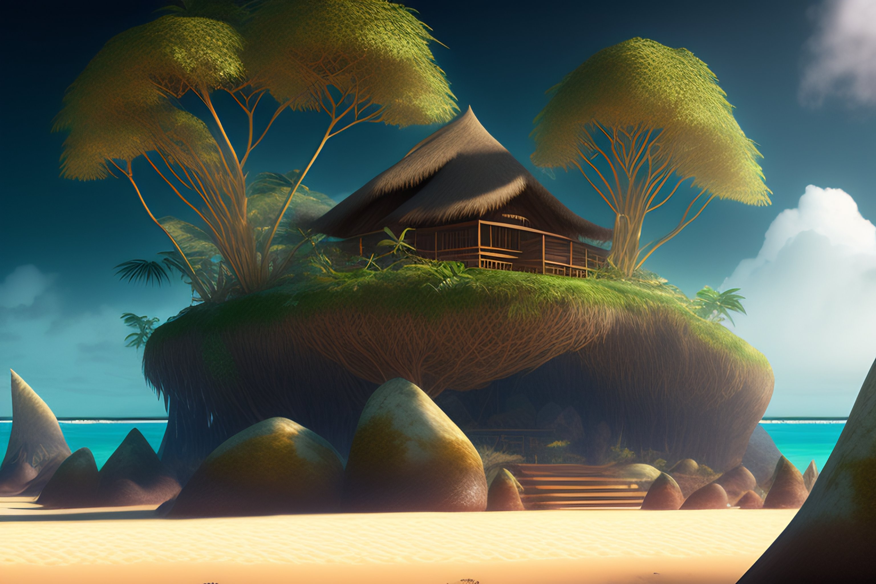 Lexica - Giant elven amerindian hut bamboo on tropical island beach ...