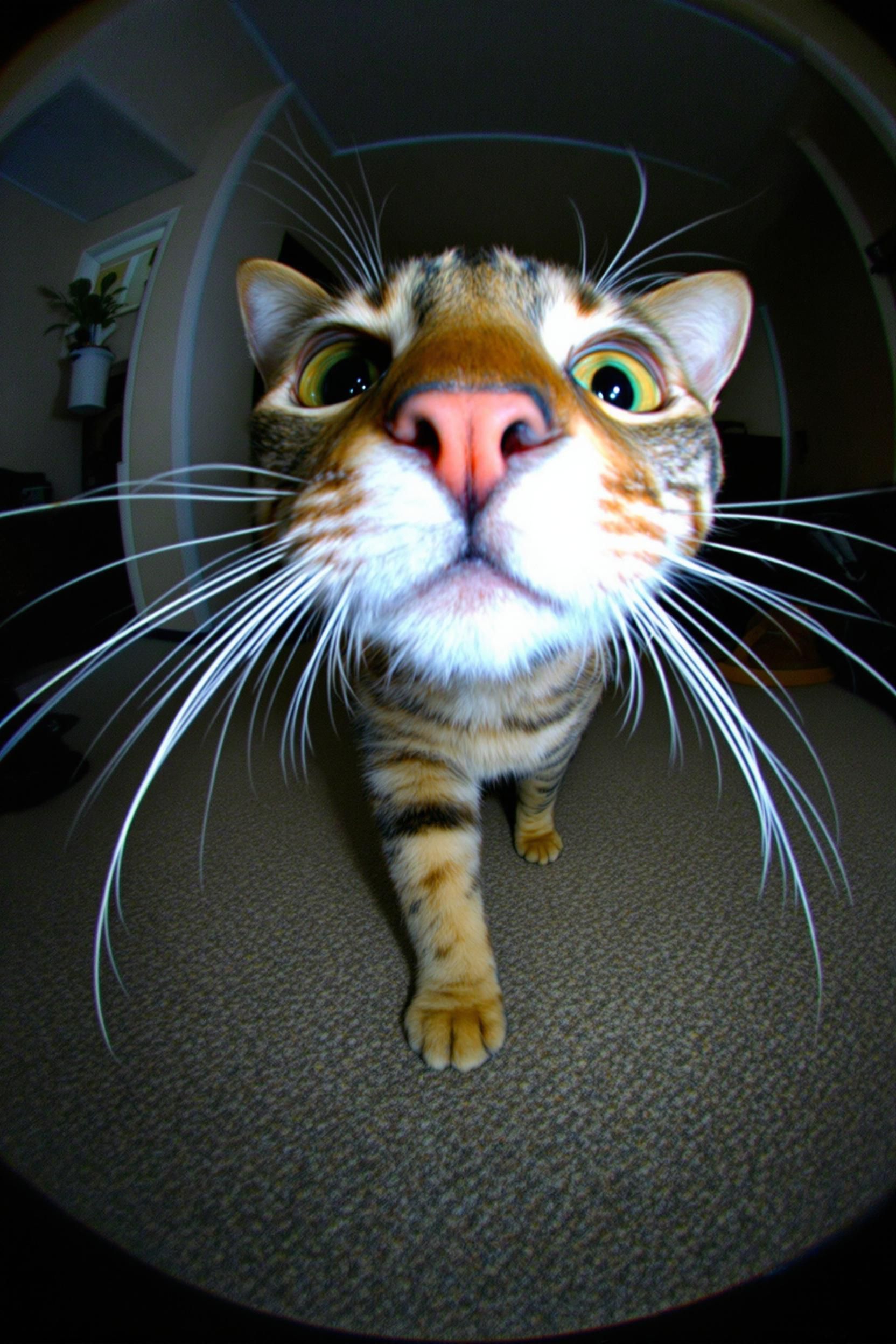 Lexica - Pov a low quality fisheye lens camera recording of a realistic cat