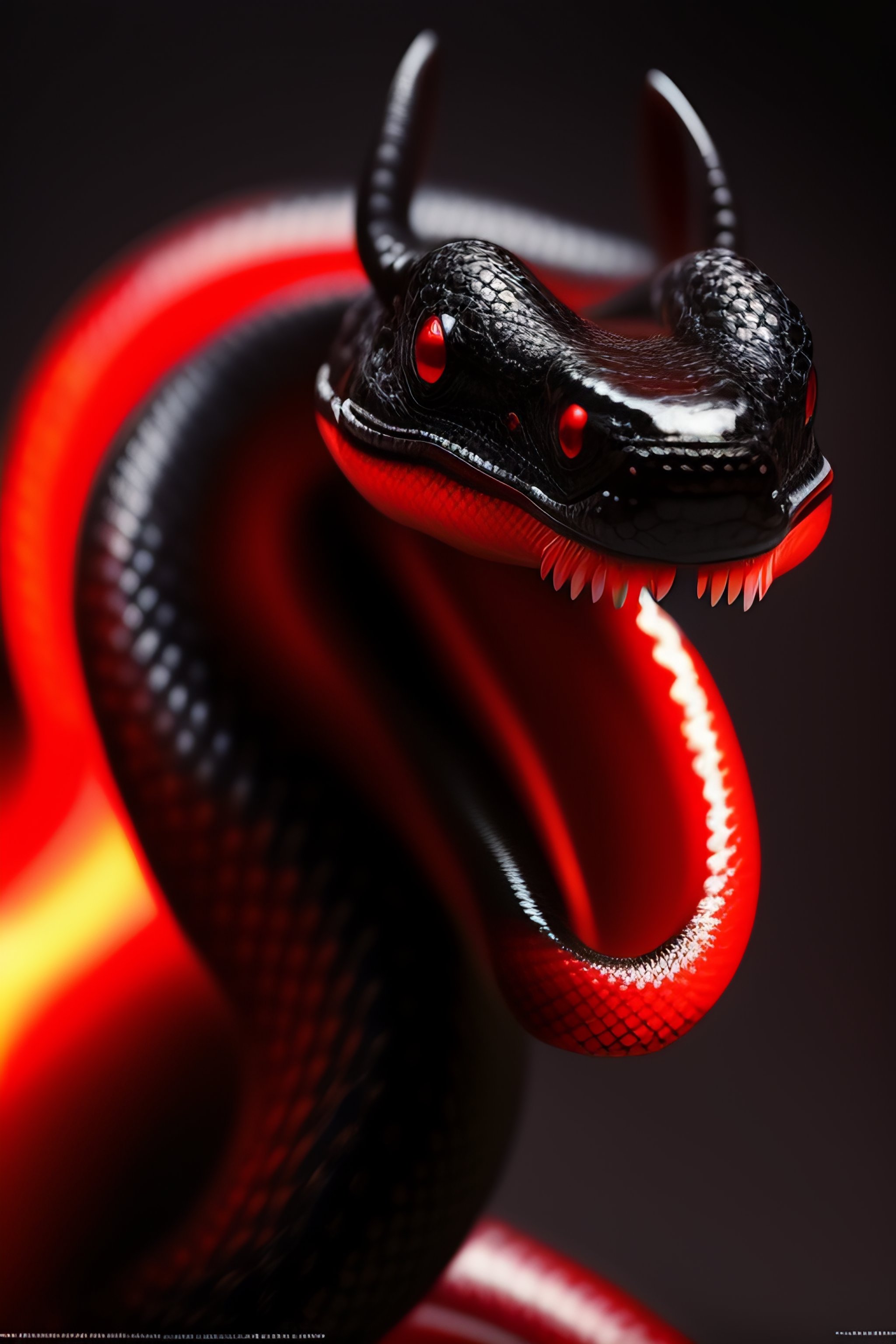 Lexica - Black colored snake!, toothy mouth, red snake eyes, coiled ...