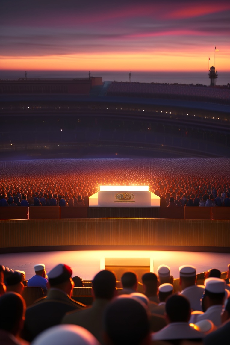 Lexica - Empty a podium, Islamic crowd around it yelling out at the ...