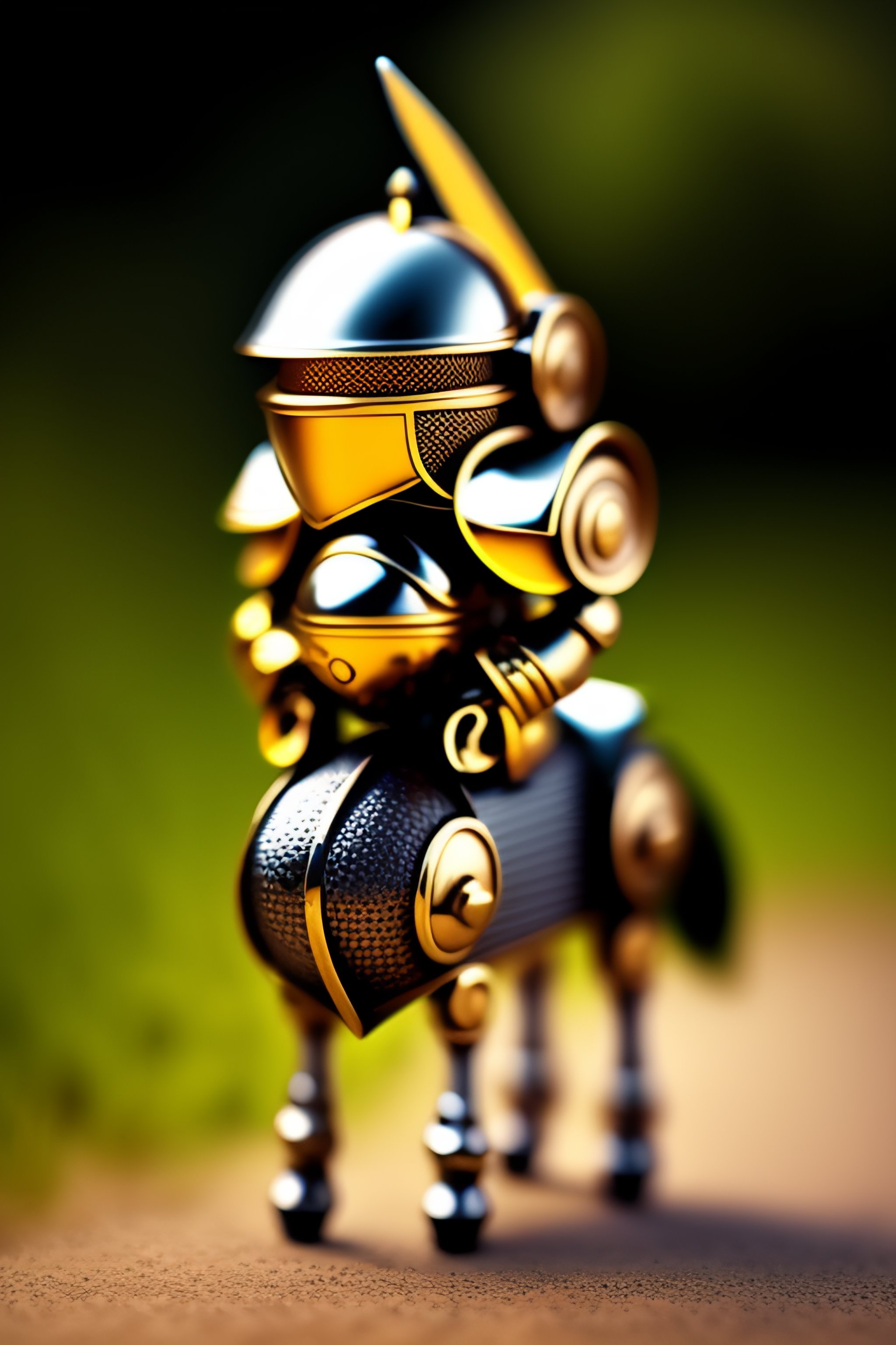 Lexica - Tiny robotic knight holding a lance on a tiny robotic horse