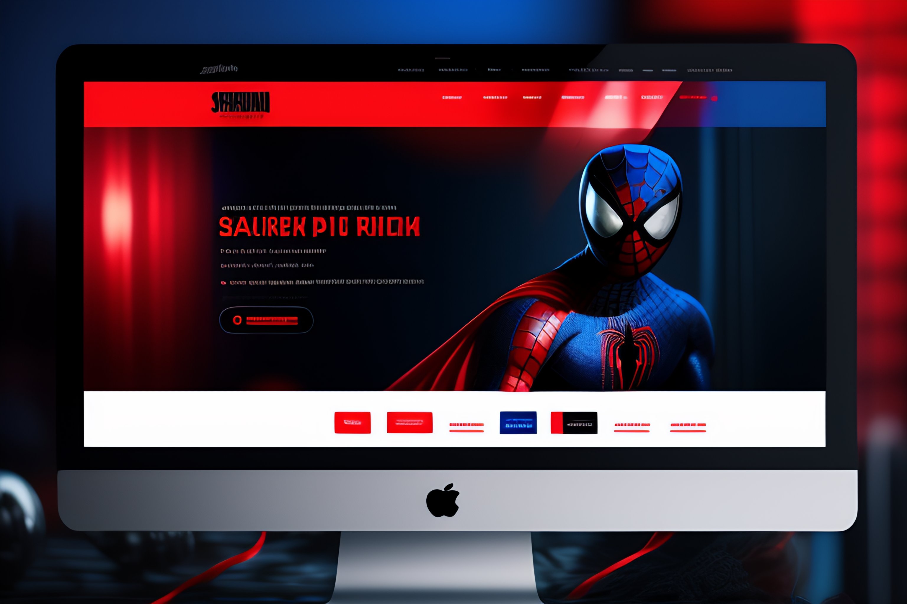 Lexica - Beautiful landing page for a spiderman website, dark theme, black red and blue color ...